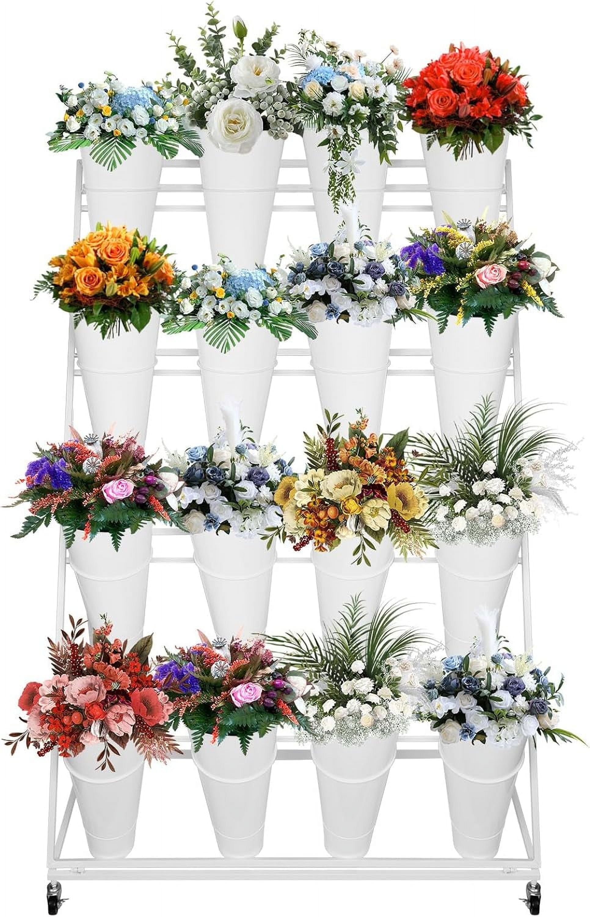 4-Tier White Flower Display Stand with 16 Whites Buckets - Heavy Duty ...