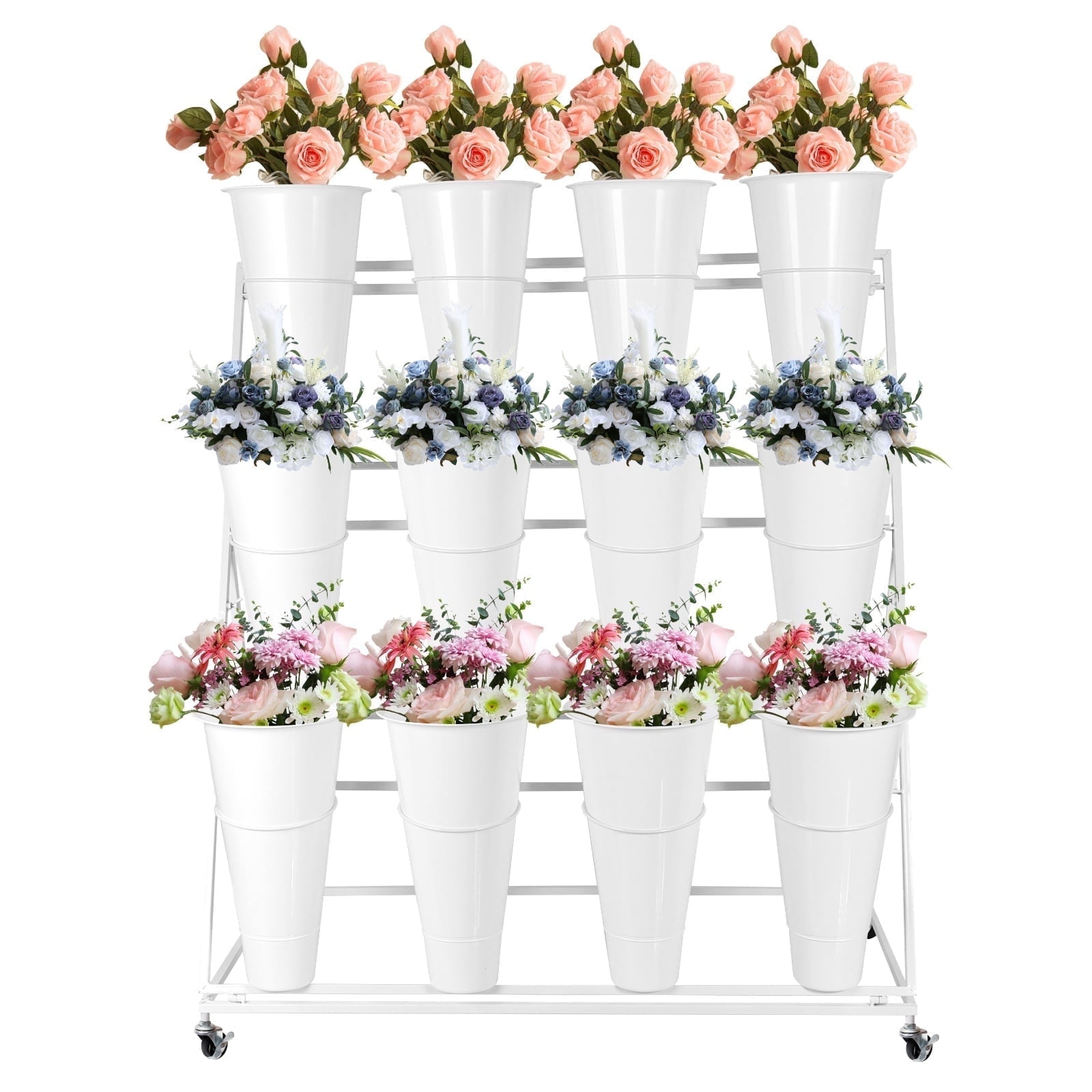 Flower Display Stand, 3 Layers Large Metal Plant Stan with 12PCS White ...