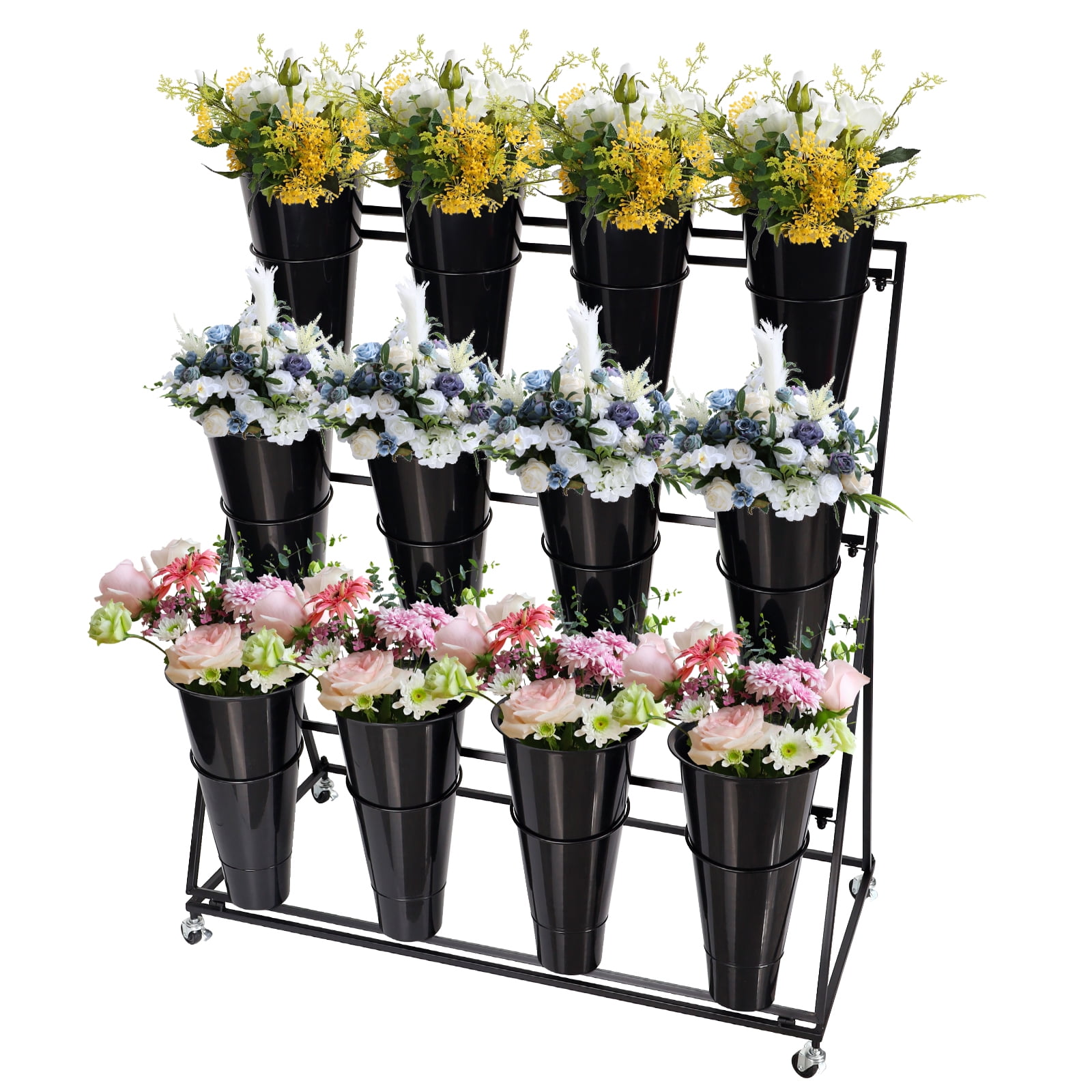 3-Layer Black Flower Display Stand with Wheels, Mobile Flower Rack for Cafes, Homes, and Gardens ...