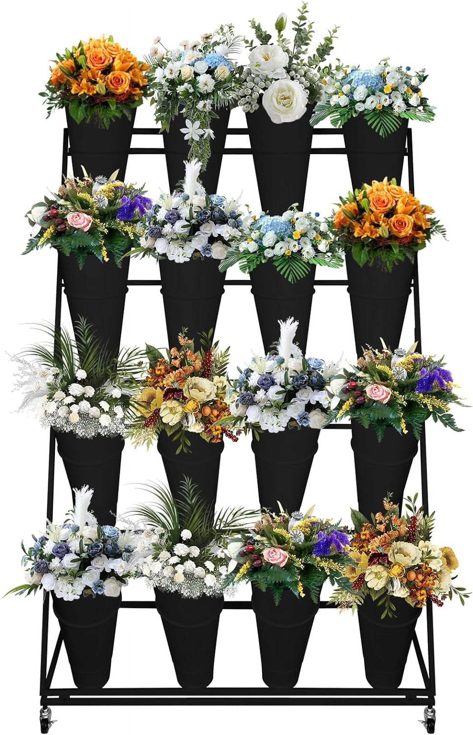 Flower Display Stand, 4-Tier 16-Bucket Heavy Duty Flower Cart, Black ...