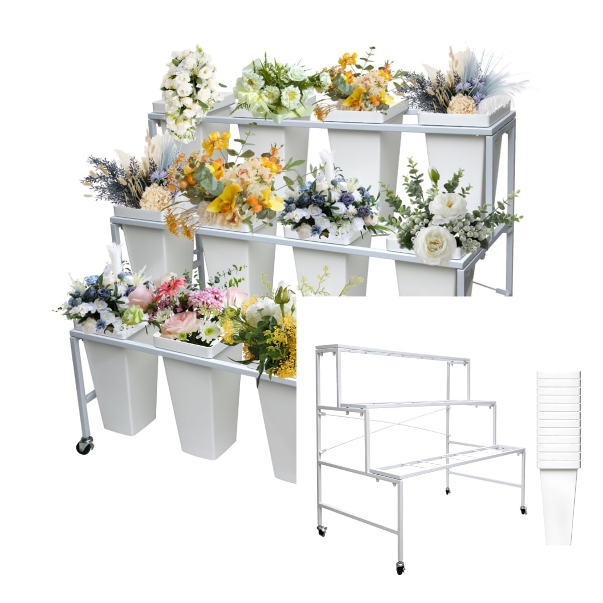 Flower Display Stand With Buckets, 3 Layers Flower Cart Display Stand ...