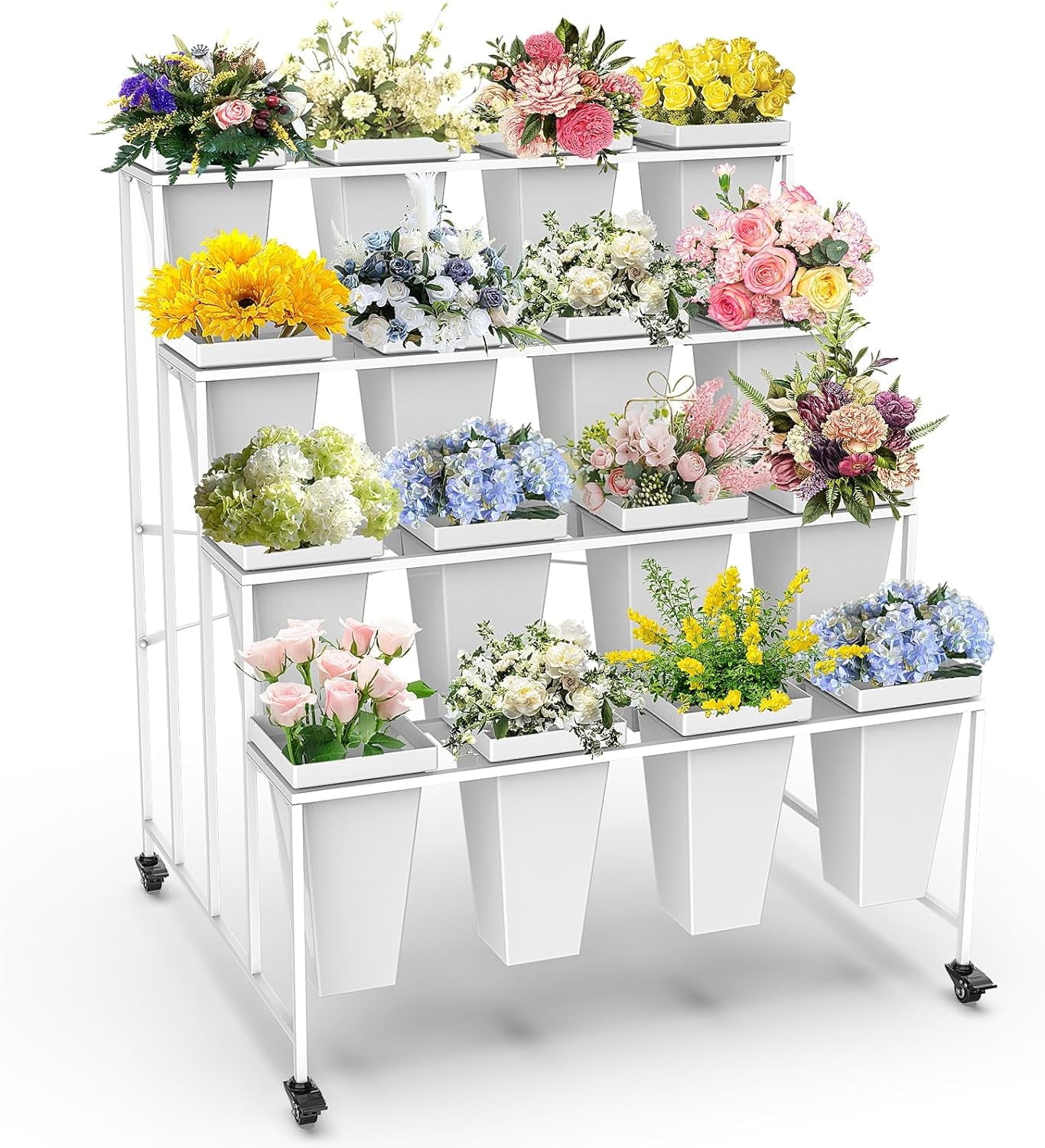 Flower Display Stand with Buckets, 4 Layers 16 PCS Buckets, Movable ...