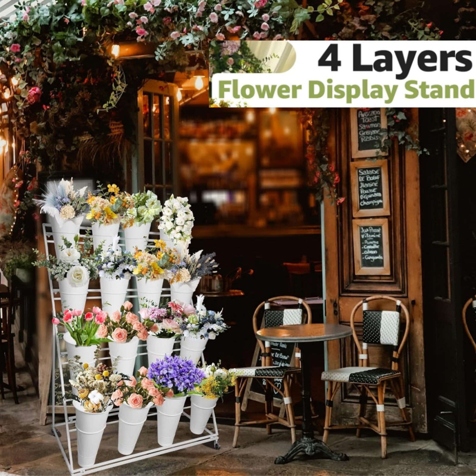 4-Tier White Flower Display Stand - Movable Metal Planter with 16 Round ...
