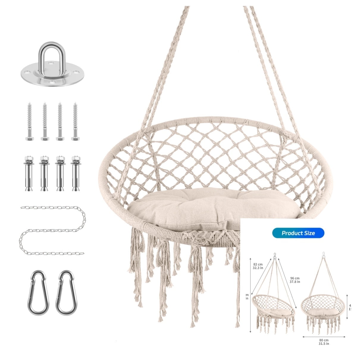 Hammock Chair, Hanging Swing with Macrame and Cushion, and Hardware Kit ...