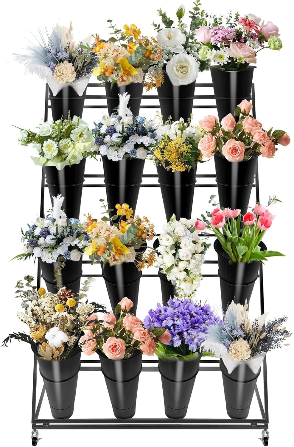 Heavy Duty 4 Layer Flower Display Stand, 16-Bucket Display with Wheels ...