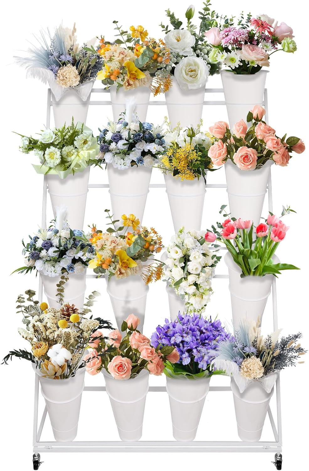 Heavy Duty 4 Layer Flower Display Stand, 16-Bucket Display with Wheels ...