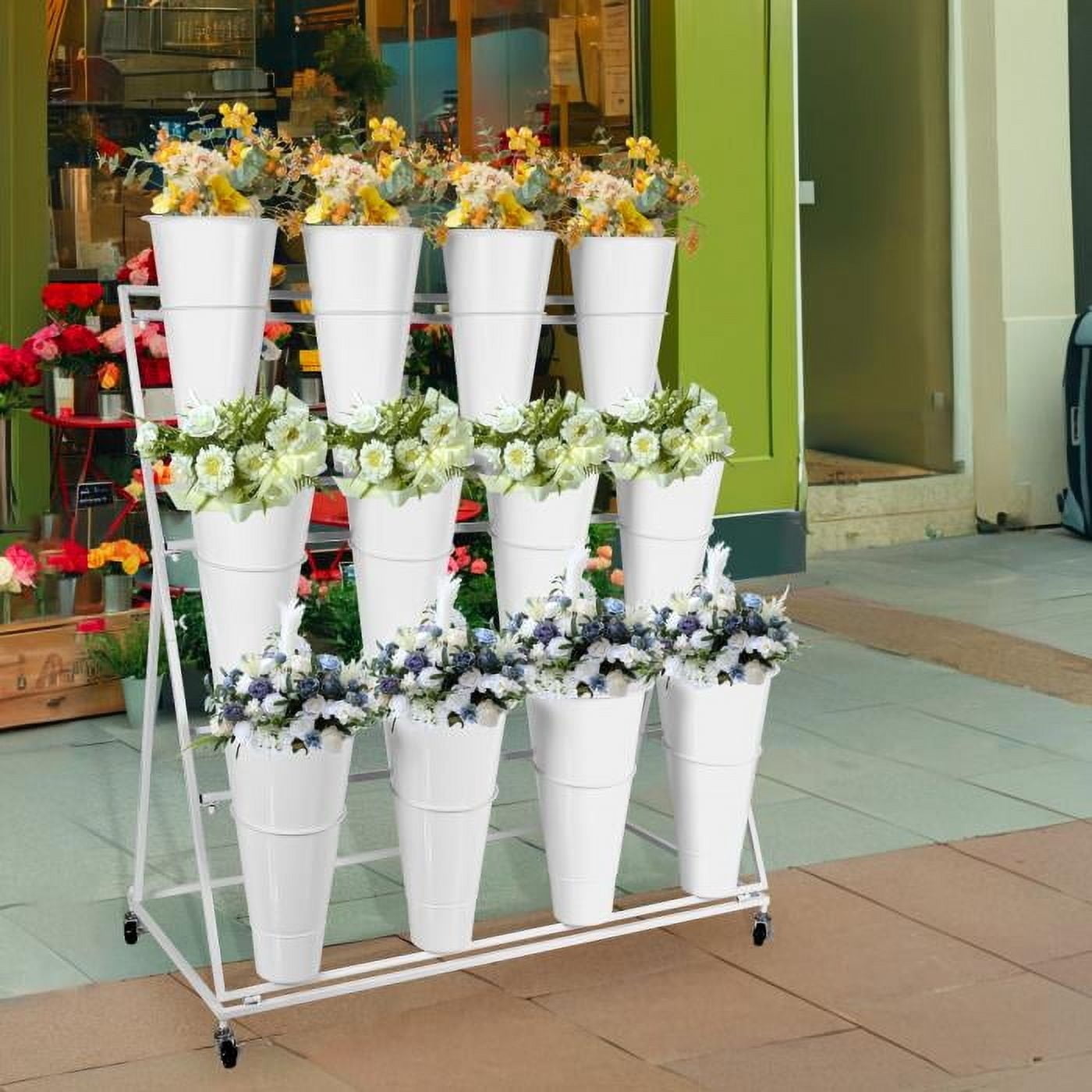 Heavy Duty Moving Flower Display Stand with 12 Pcs White Round Bucket ...