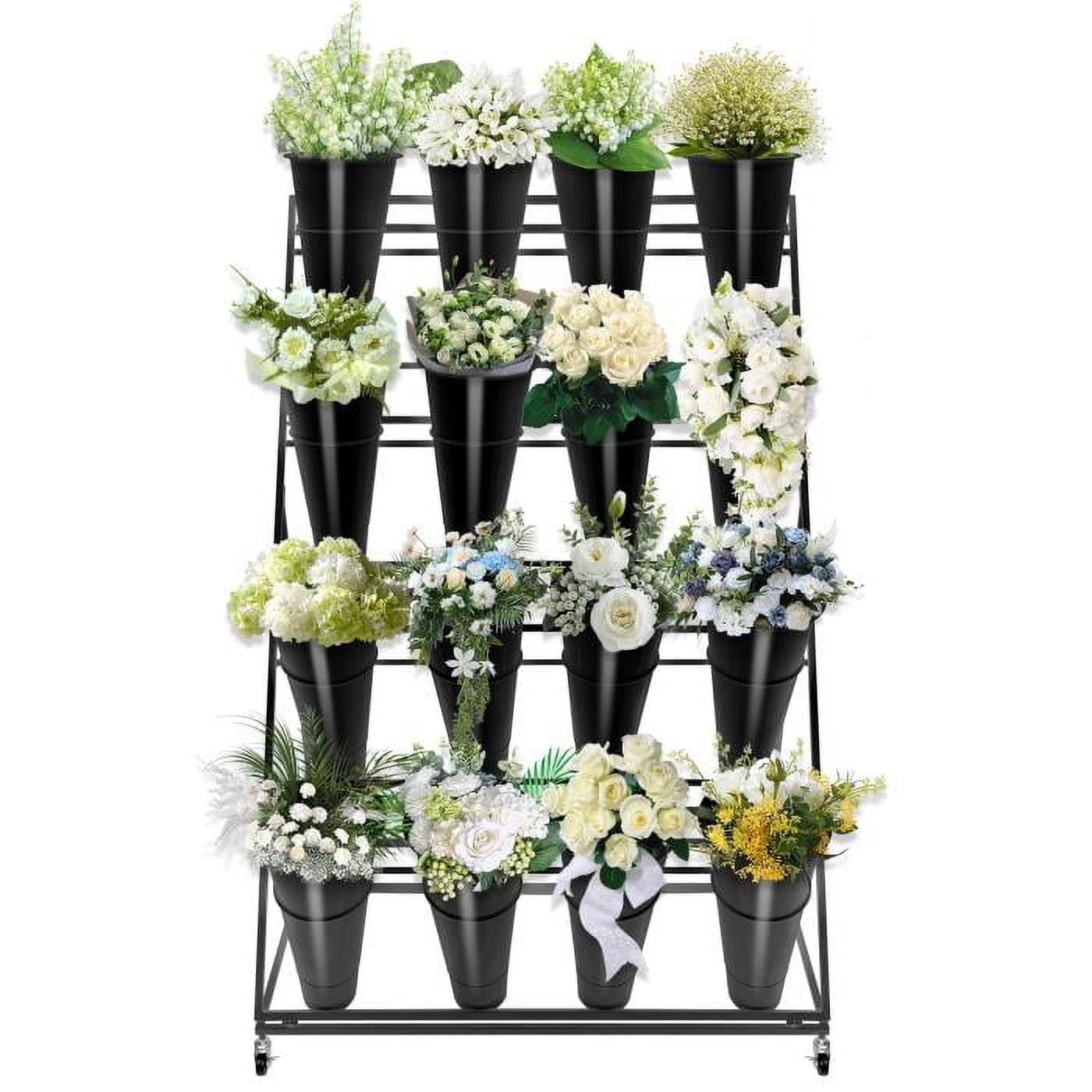Heavy Duty Moving Flower Display Stand with 16 Pcs Black Round Bucket ...