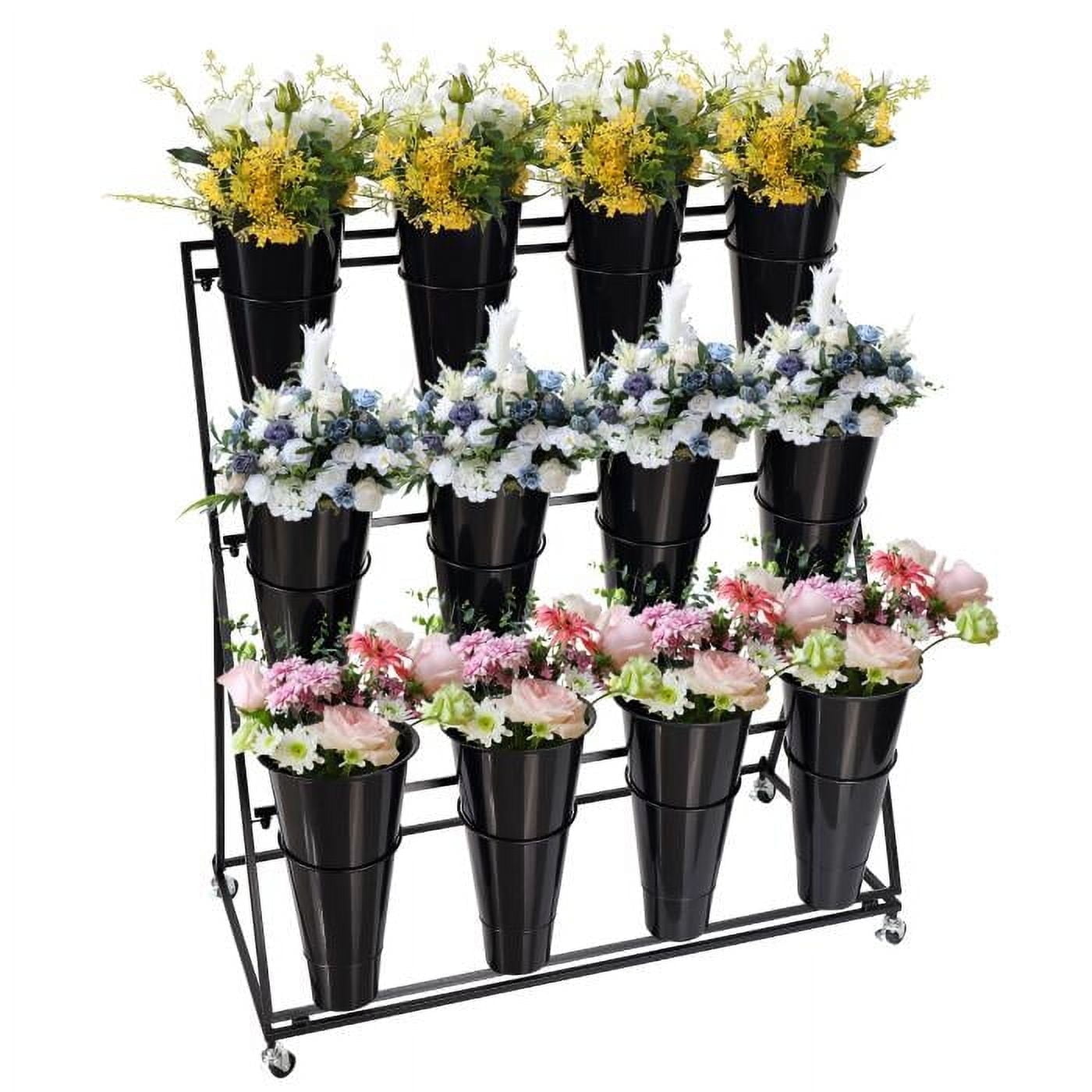 Heavy Duty Moving Flower Rack with 12 Pcs Black Round Bucket, 3-Layer ...