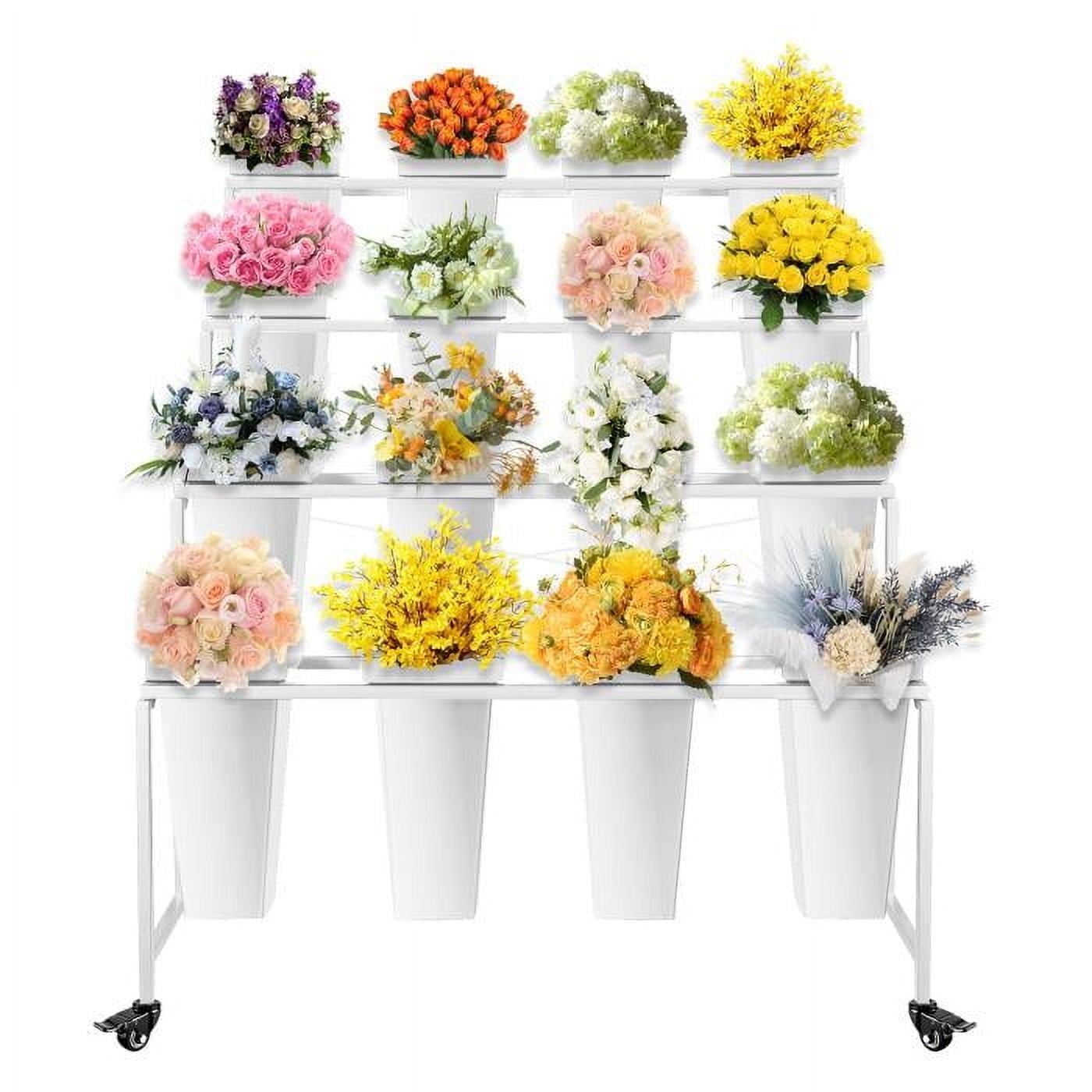 Heavy Duty Moving Flower Rack with 16 Pcs White Square Bucket, 4-Layer ...
