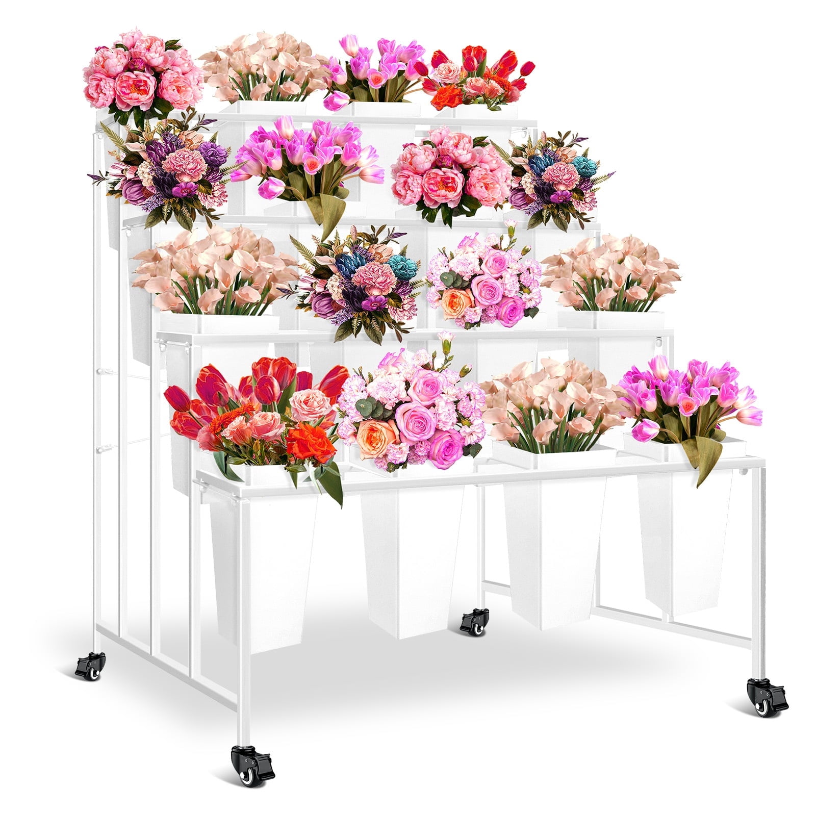 Movable White Metal Flower Display Stand - 4-Tier Display with 16 ...