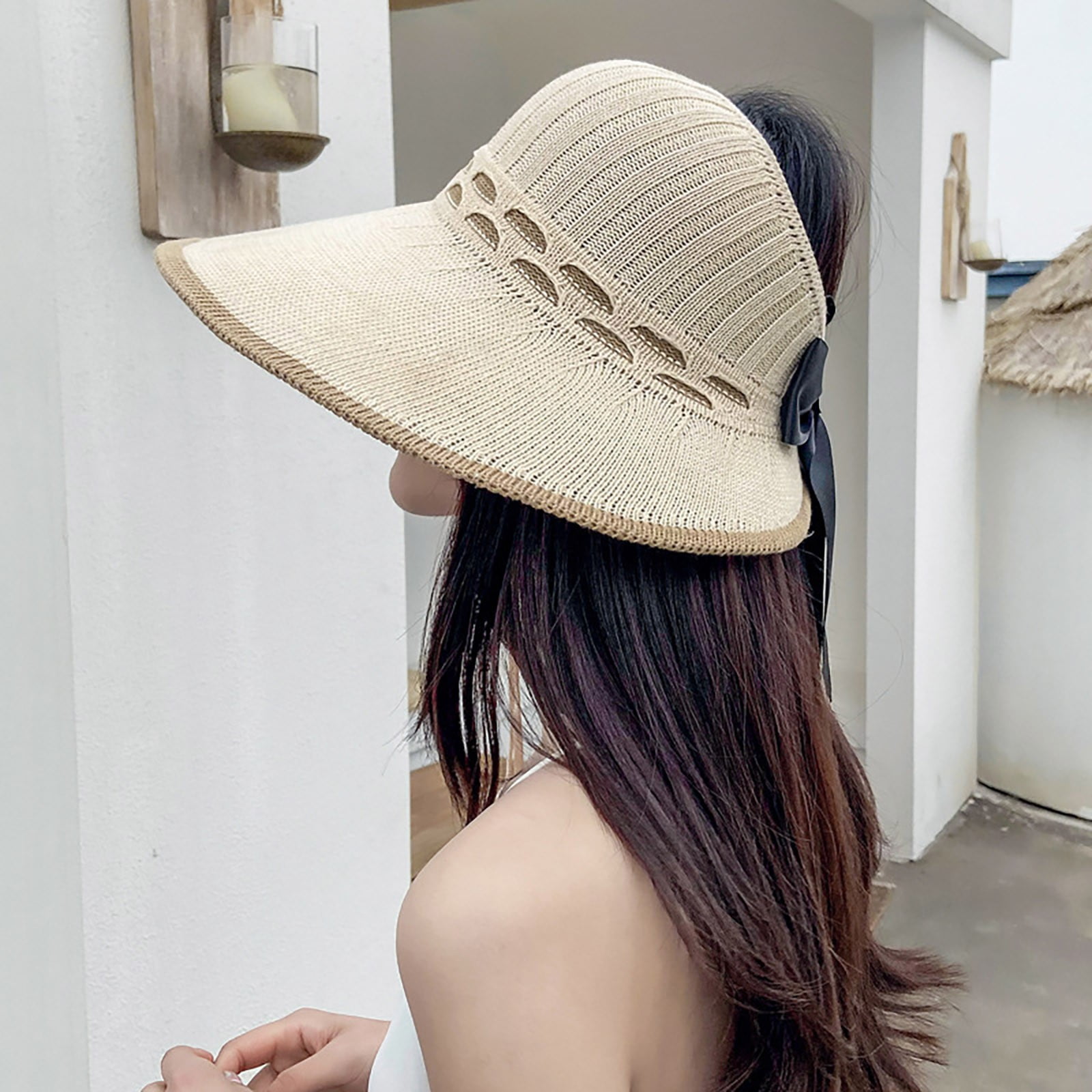 Simin Sun Hat, Wave Brimmed Empty Top Hat for Female Outdoor Sun Hat ...
