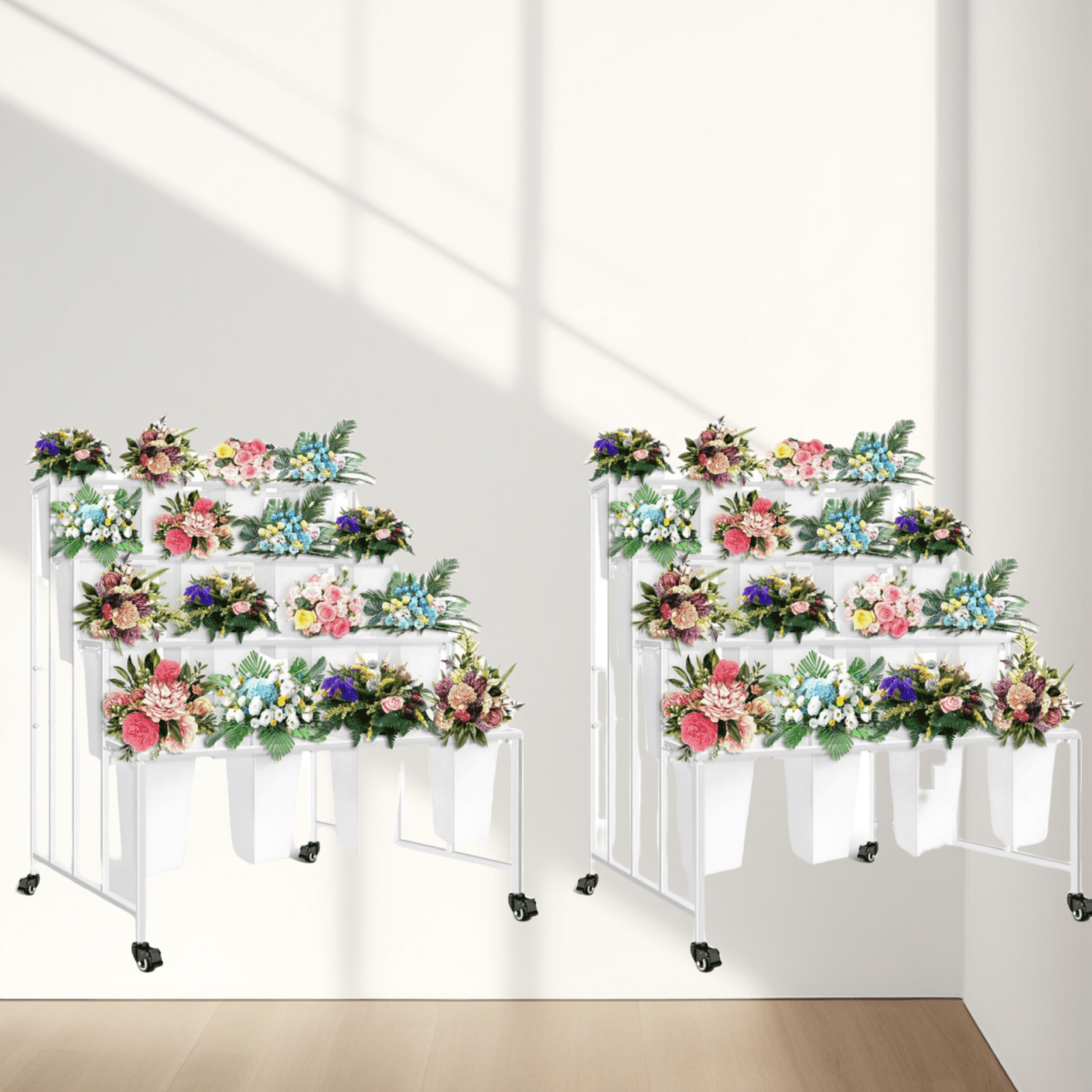 2Pcs White 4-Tier Flower Stand, Heavy Duty Moving Rack with Buckets for Home, Garden, and ...