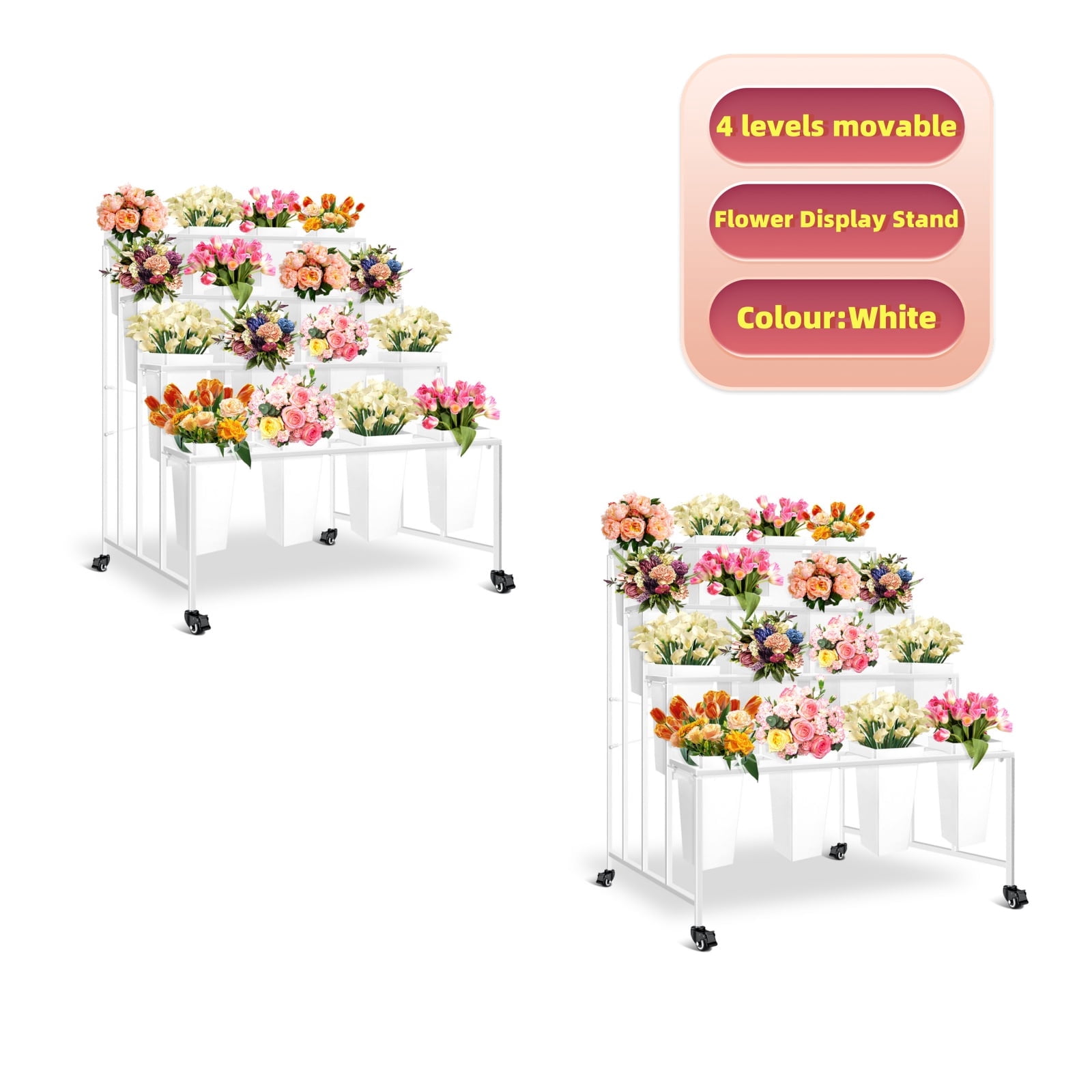 2Pcs White Heavy Duty Flower Rack - 4-Layer Display Stand with Wheels ...