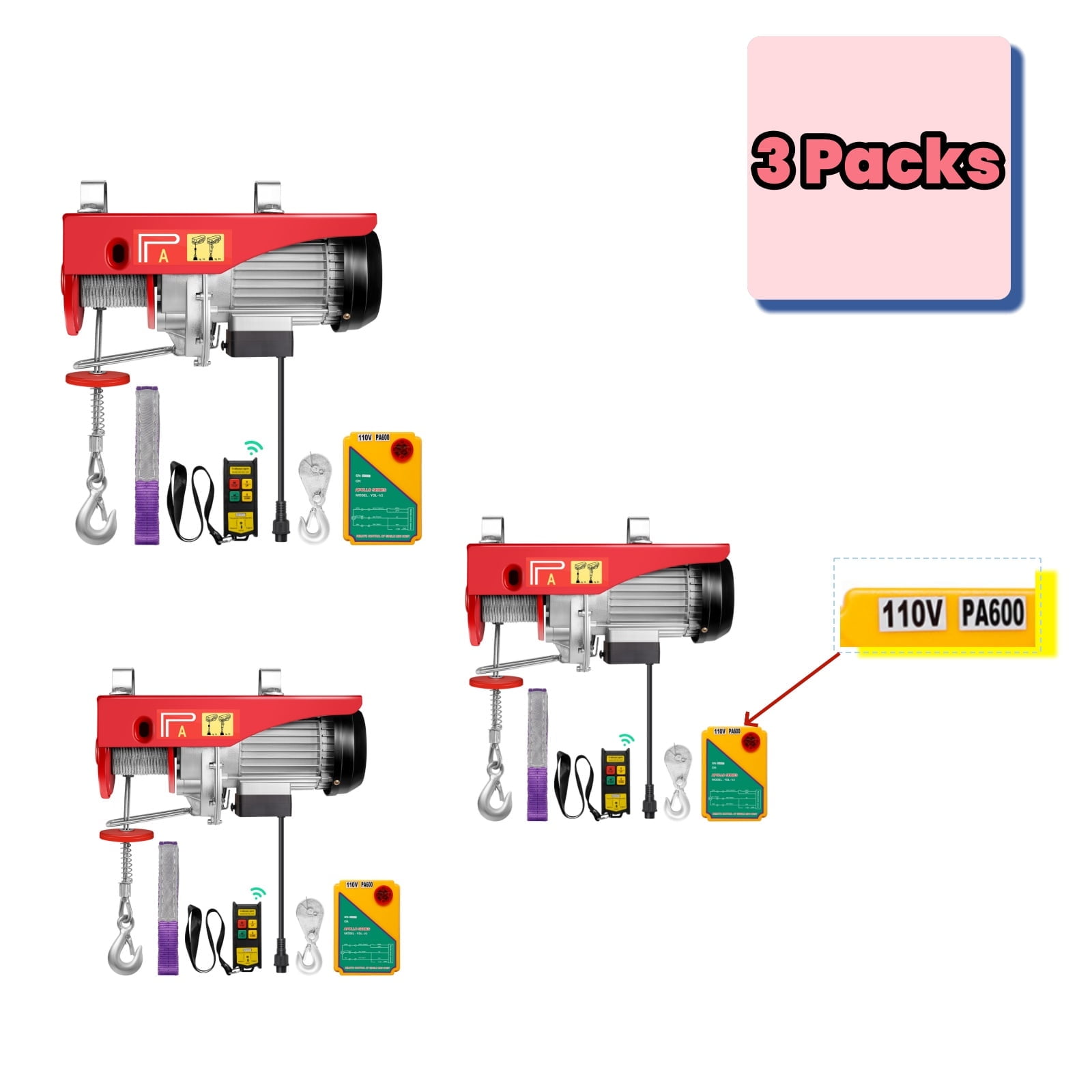 3 Packs Heavy-Duty 120V Electric Hoist - Wireless Remote Control Winch ...