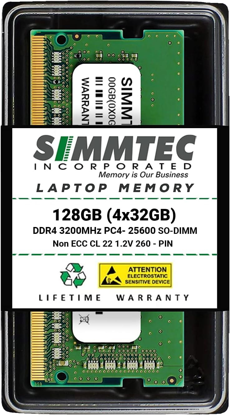 Simmtec RAM 128GB (4x32GB) DDR4 3200MHz SODIMM PC4-25600 (PC4-3200AA ...