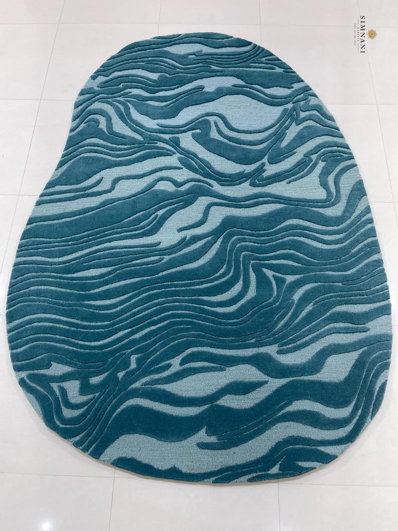 Simnani Carpets Hand made Ocean Blue Tufted Rug, Irregular shaped rug ...