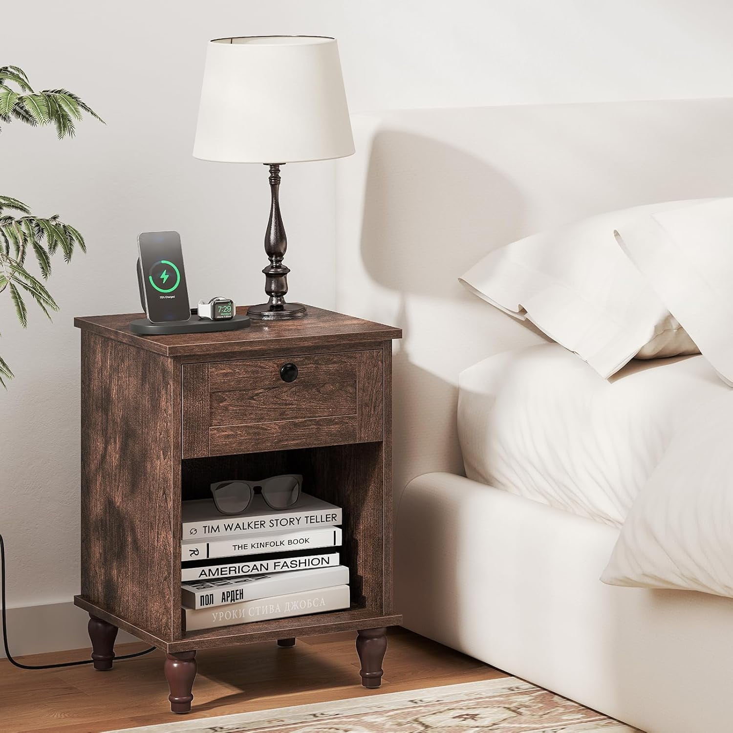 Simore Wood Nightstand with Charging Station, Fluted Side Table, Mid ...