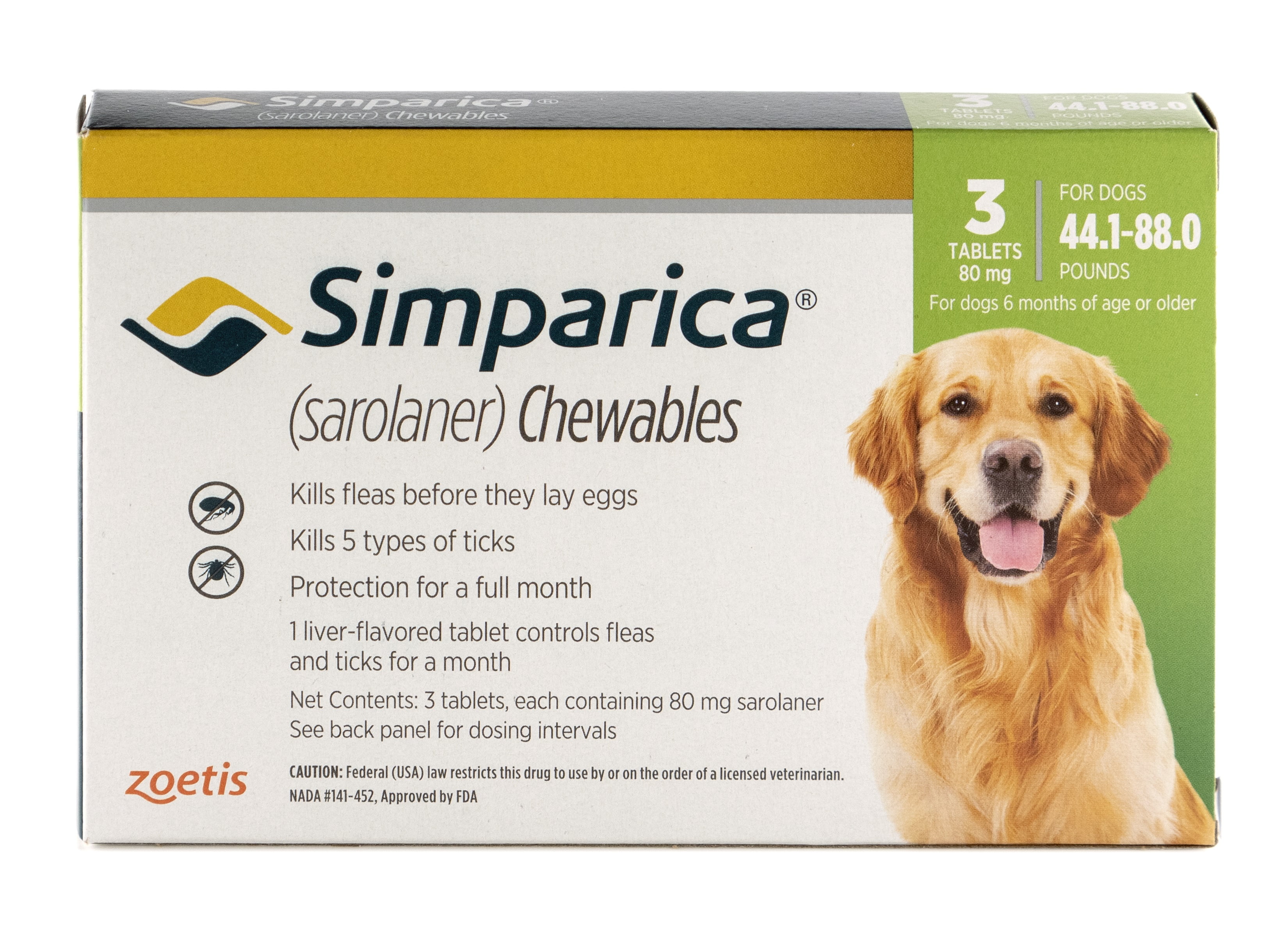 Simparica Chewable Tablet for Dogss, 44.1-88 lbs (Green Box), 3 ...