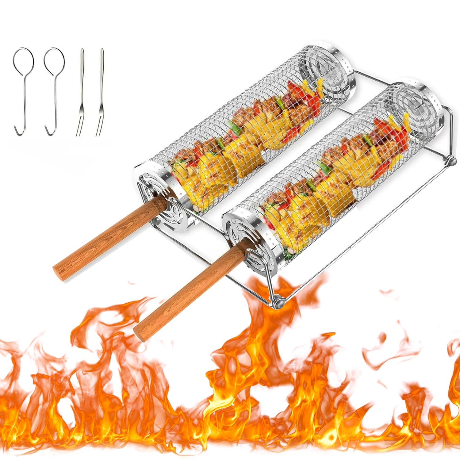 Simperf 2 Pack Grill Baskets for Outdoor Grill, Rolling Grill Basket ...