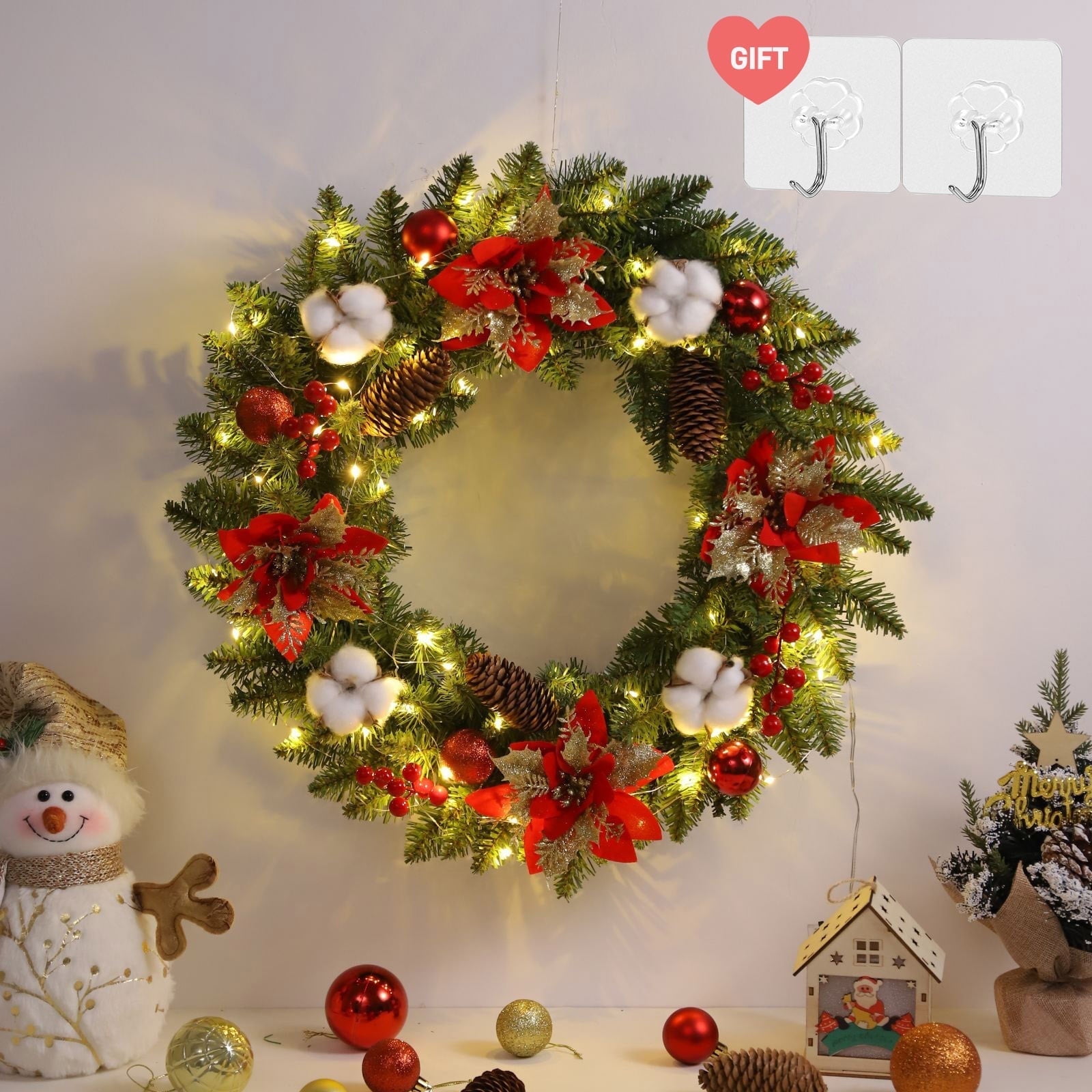 Simperf 20" Christmas Wreath with LED String Lights,Xmas Door Wreath ...