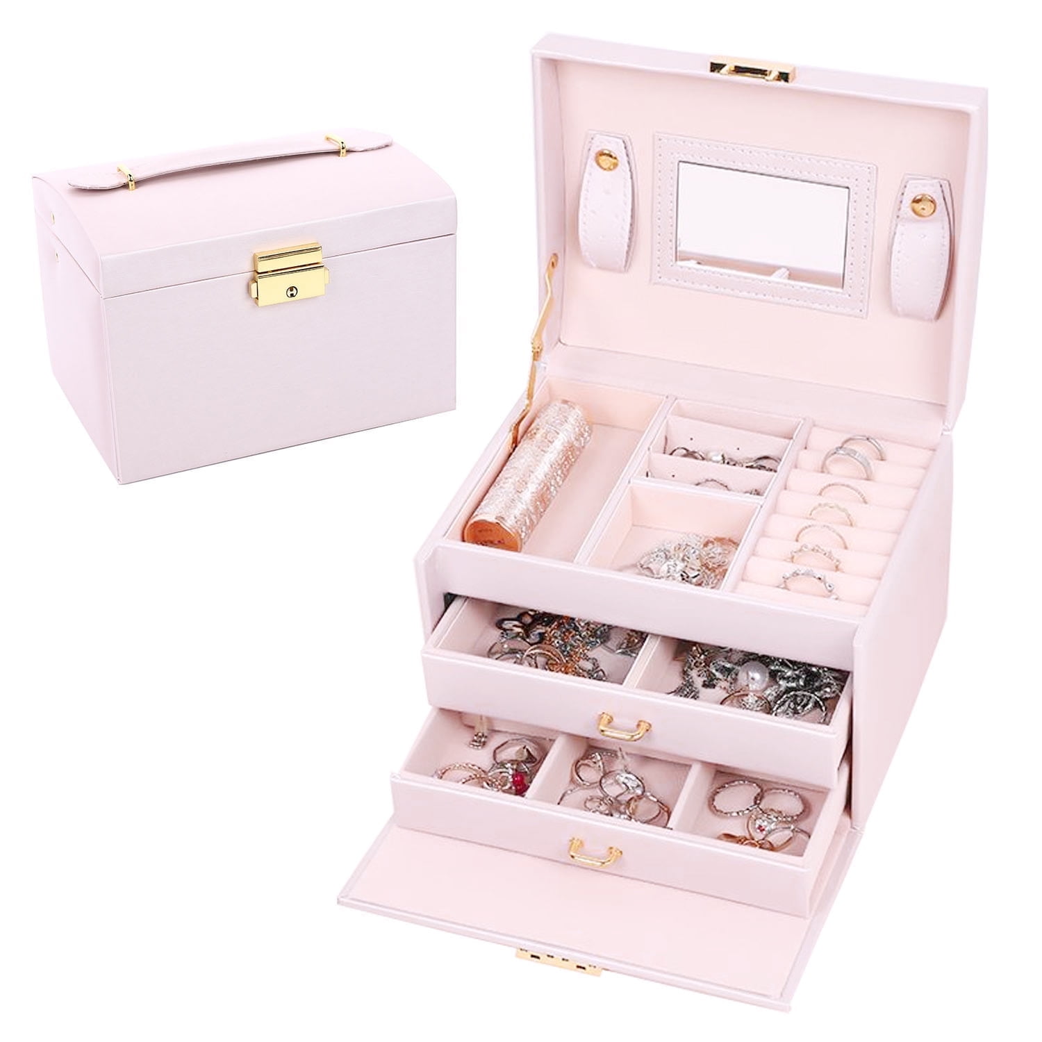 Simperf Jewelry Box for Women, 3-Layer Leather Jewelry Holder Organizer ...