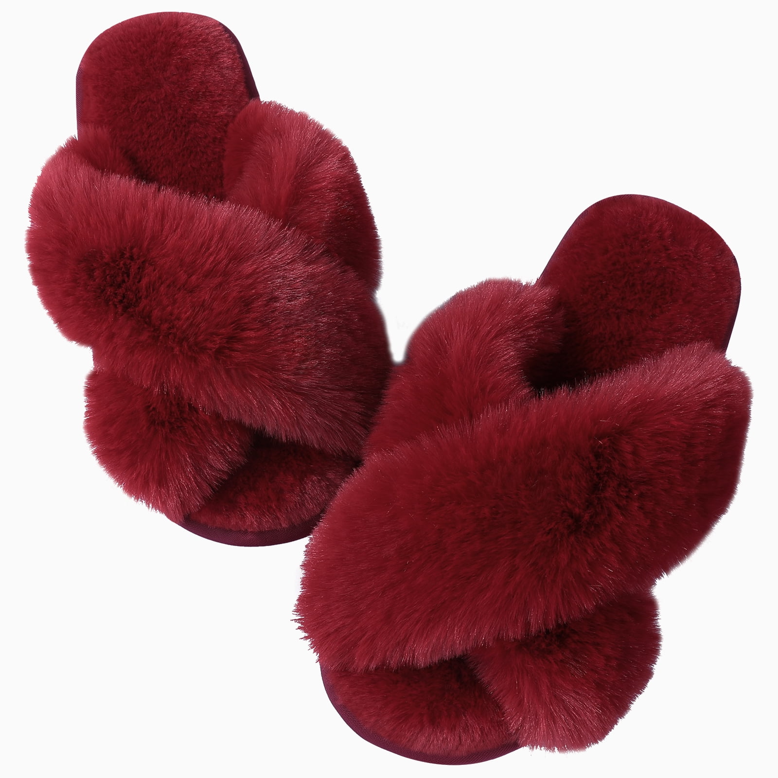 Simperf Women's Fuzzy Slippers Plush Cross Band Open Toe House Thick Sole Slippers House ...