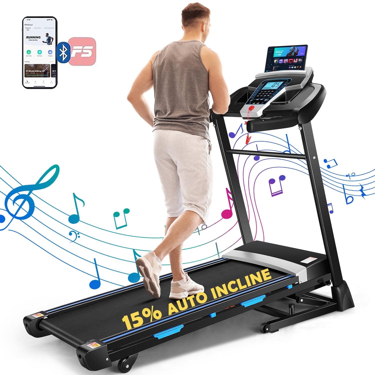 Treadmill with 15Level Auto Incline, 3.25HP Folding Treadmill Built-in ...