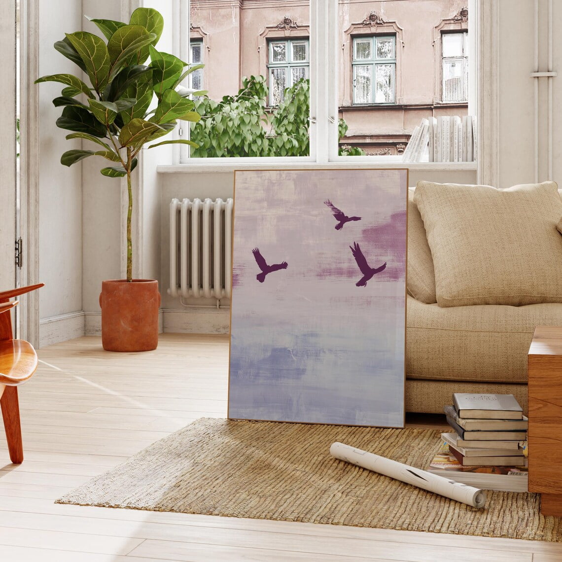 Simple Abstract Birds Wall Art, Colorful Purple Modern Art, Minimalist ...