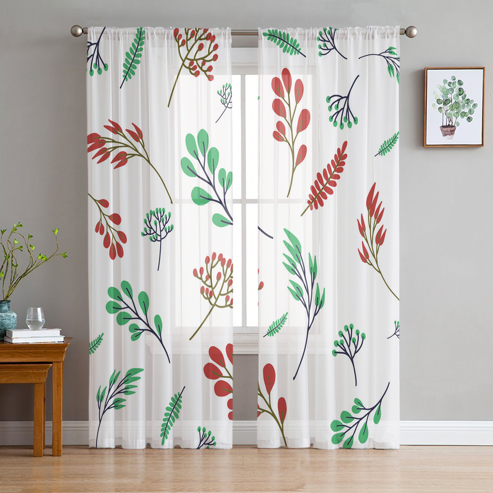 Simple And Fresh Plant Leaves Tulle Sheer Curtains for Living Room ...