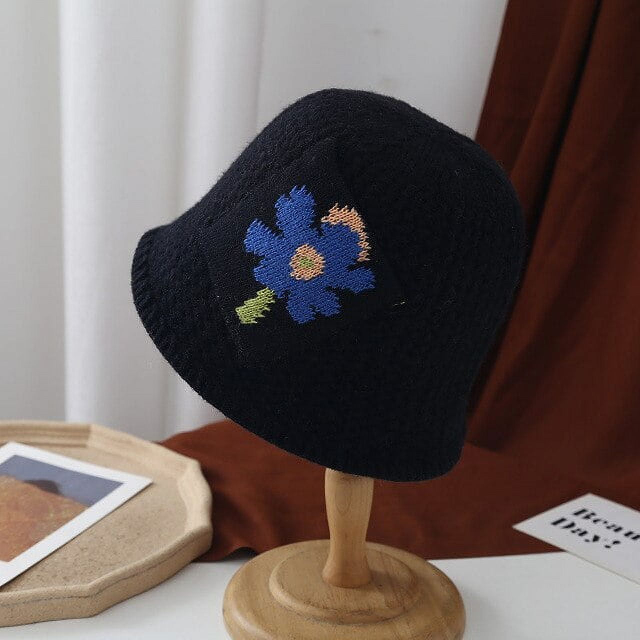 Simple Applique Flower Bucket Hat Women Autumn Winter Cusual Knitting ...