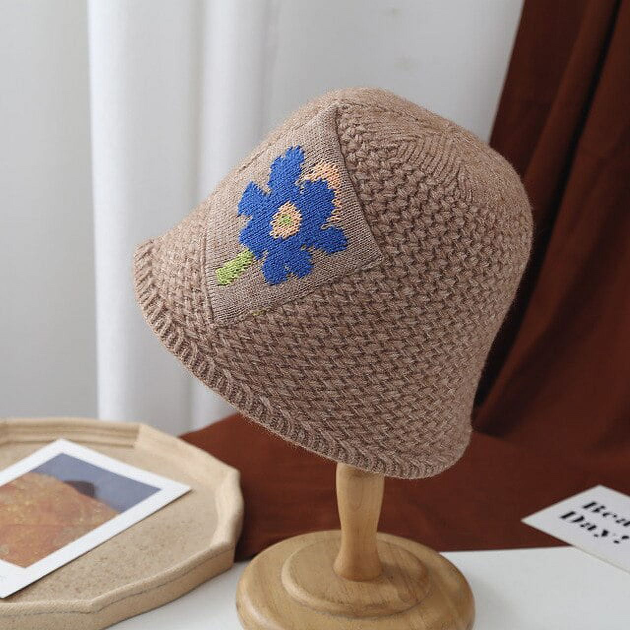 Simple Applique Flower Bucket Hat Women Autumn Winter Cusual Knitting ...