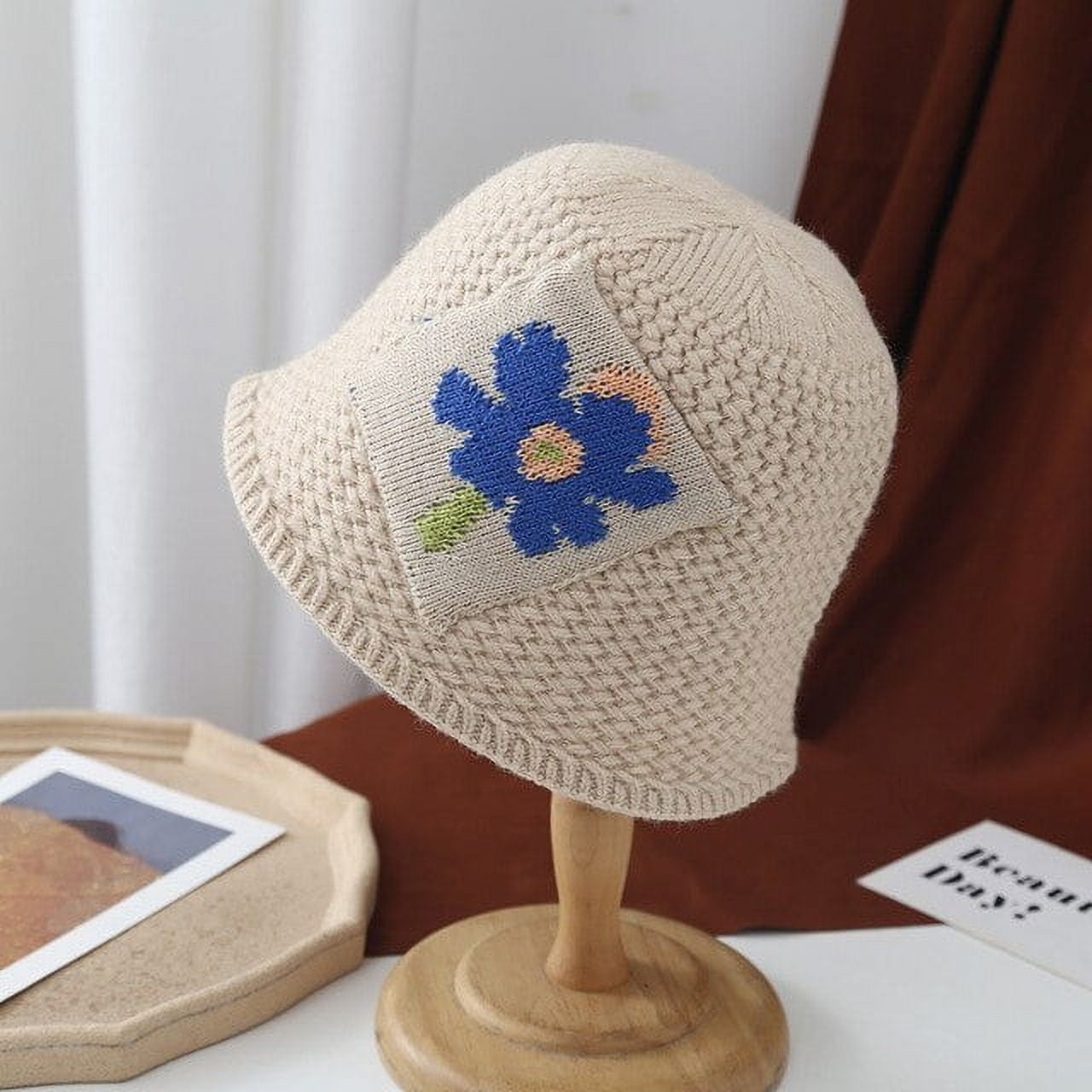 Simple Applique Flower Bucket Hat Women Autumn Winter Cusual Knitting ...