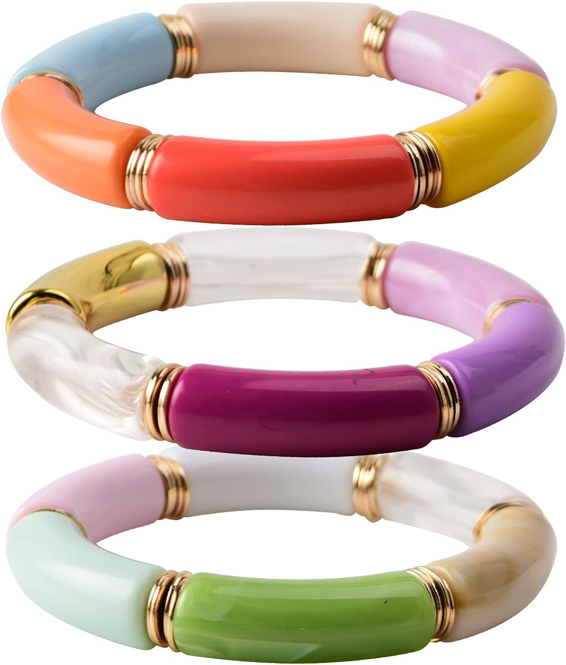 Simple Beaded Gold Bangles Bracelet Chunky Bamboo Tube Curved Stacking Clear Acrylic Colorful ...