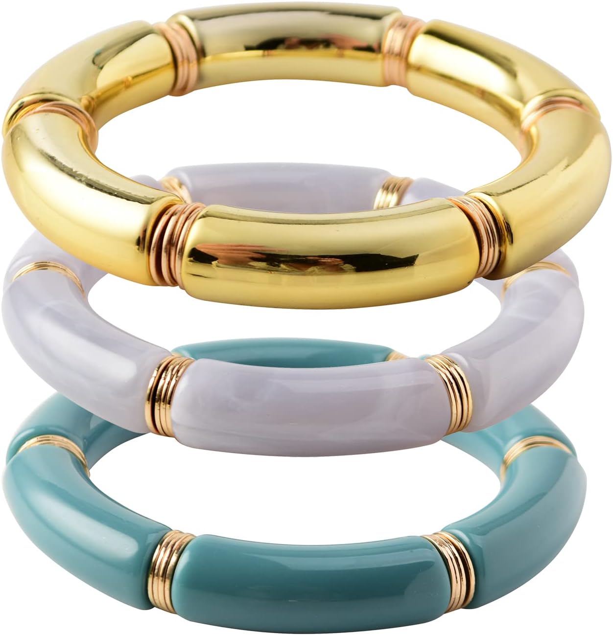 Simple Beaded Gold Bangles Bracelet Chunky Bamboo Tube Curved Stacking Clear Acrylic Colorful ...