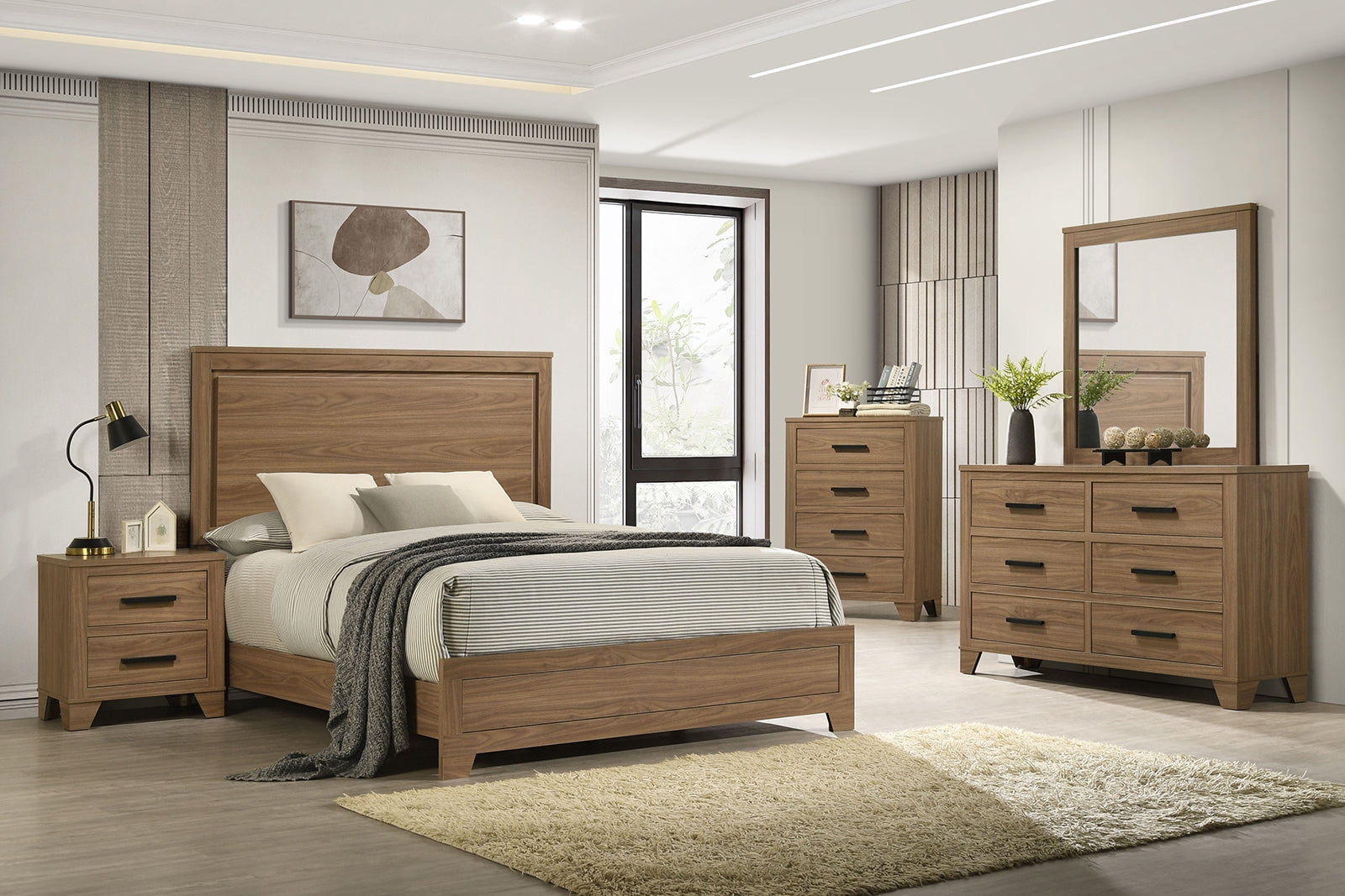 Simple Bedroom Furniture Walnut / Chestnut Color 6pc Full Size Bed Set ...