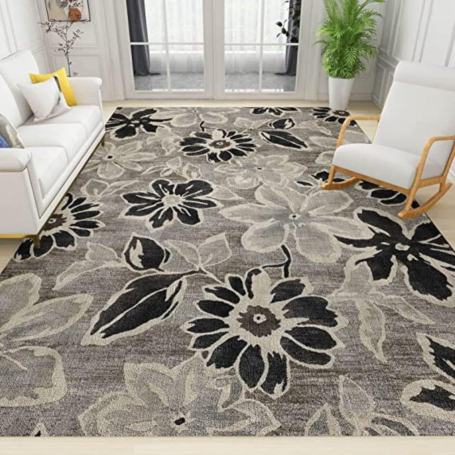 Simple Beige Black Watercolor Floral Area Rug 5'x8' Abstract Art ...