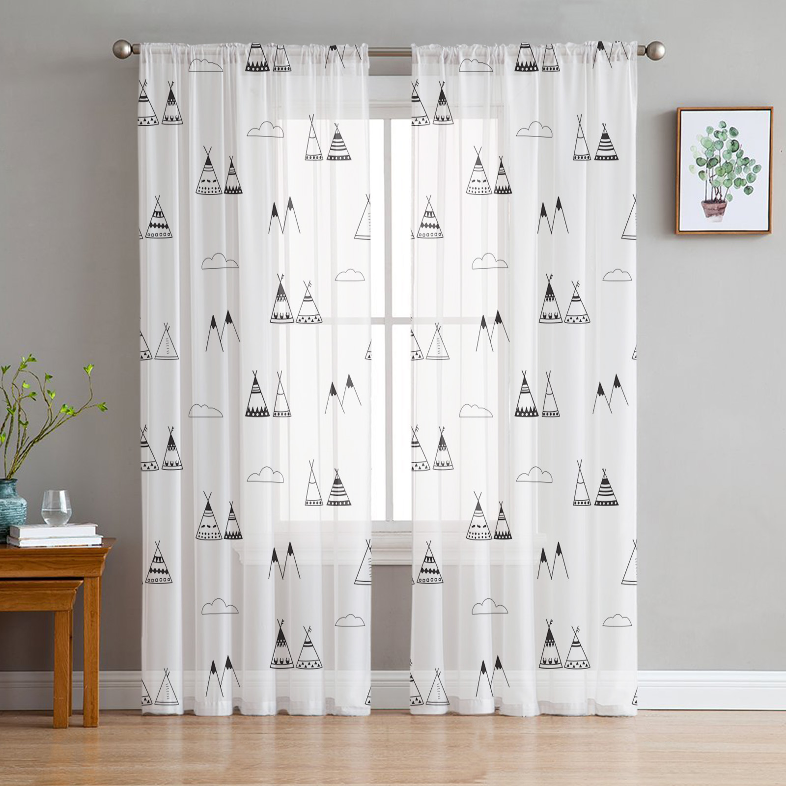 Simple Black And White Tent Camping Sheer Curtains for Living Room ...