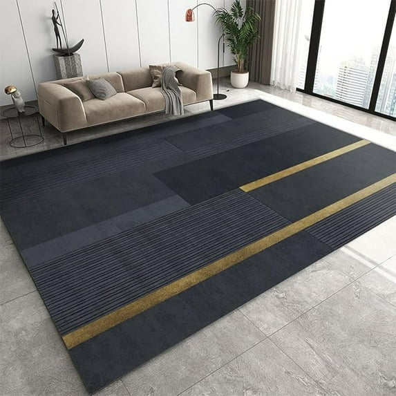 Simple Black Area Rug, Golden Lines Non Slip Carpet, Fade Resistant ...