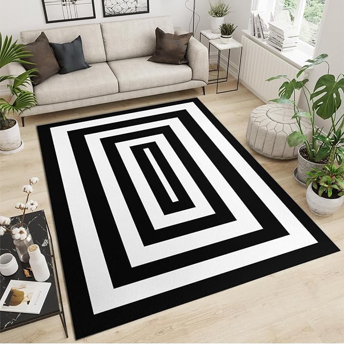 Simple Black White Geometry Area Rug, Indoor Non Slip Living Room Rug ...