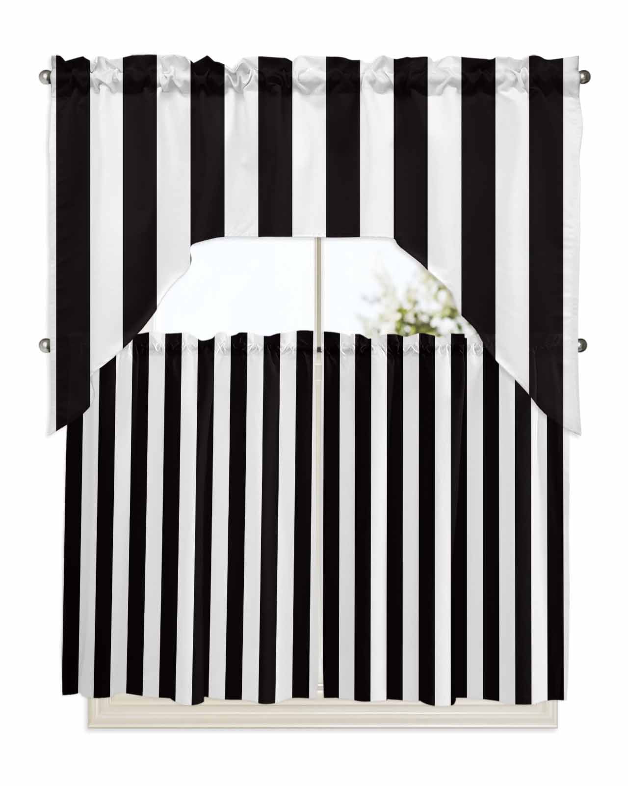 Simple Black White Stripes Kitchen Curtains Swag Valance and Tier ...