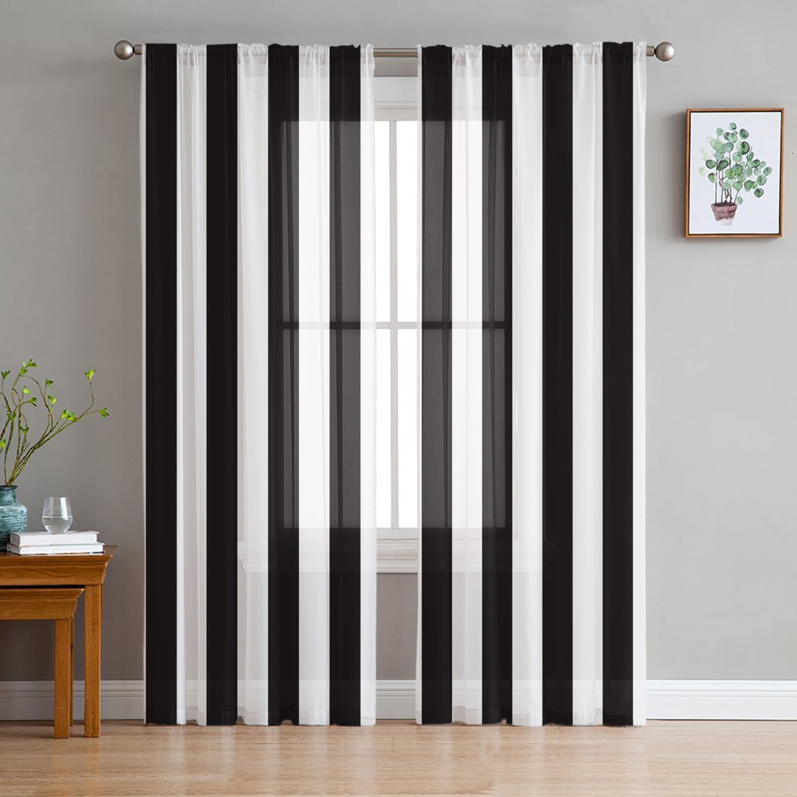 Simple Black White Stripes Semi Sheer Curtains 96 Inch Length 2 Panels ...