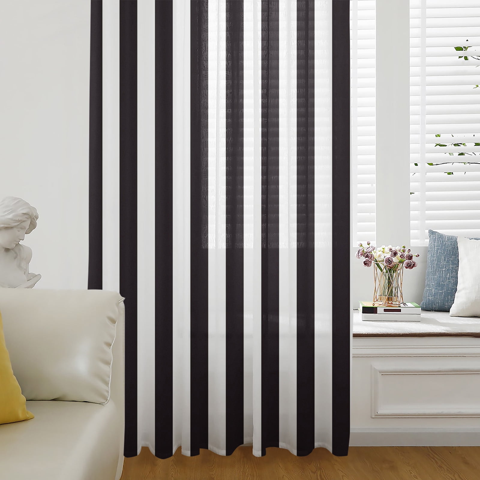 Simple Black White Stripes Semi Sheer Curtains Drapes for Living Room ...