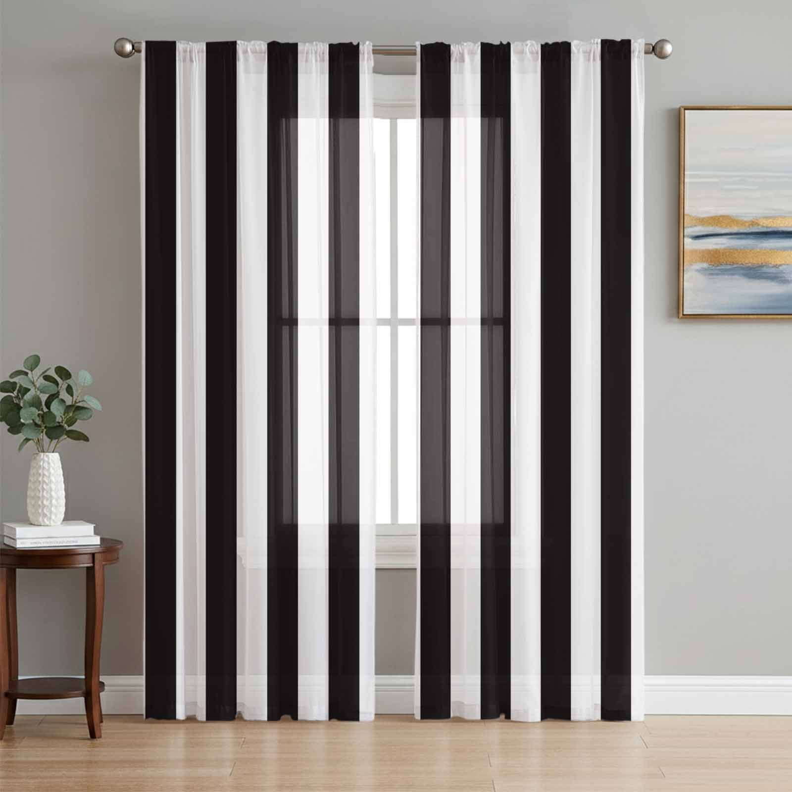 Simple Black White Stripes Semi Sheer Window Curtains 63 Inches Long ...