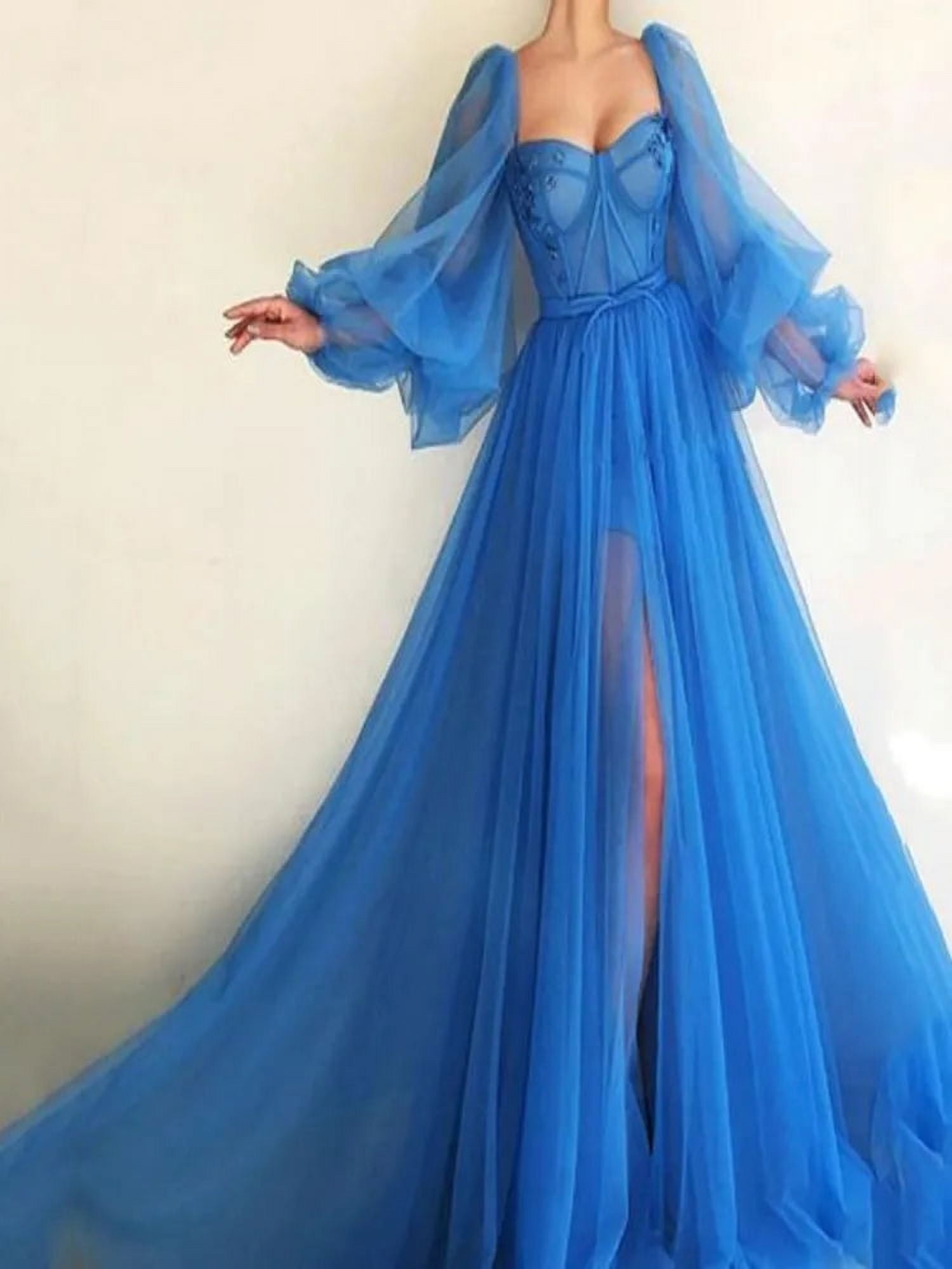 Simple Blue Prom Dresses Long Puff Sleeves Exposed Boning Illusion