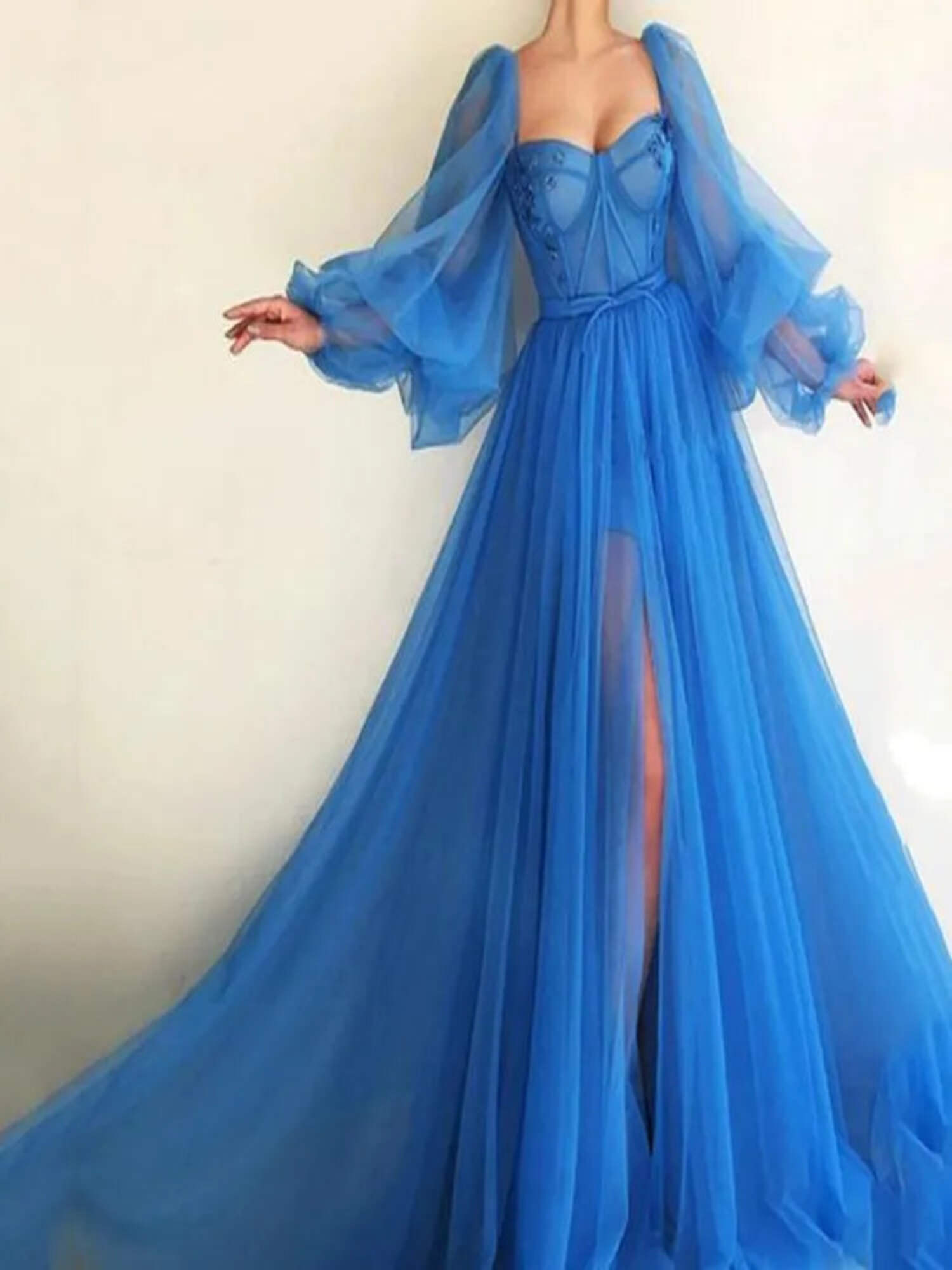 Simple Blue Prom Dresses Long Puff Sleeves Exposed Boning Illusion ...