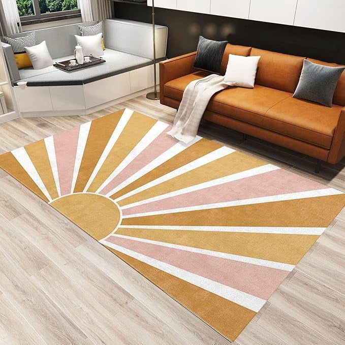 Simple Bohemian Sun Rainbow Stripes Area Rug, Modern Abstract Sunset ...