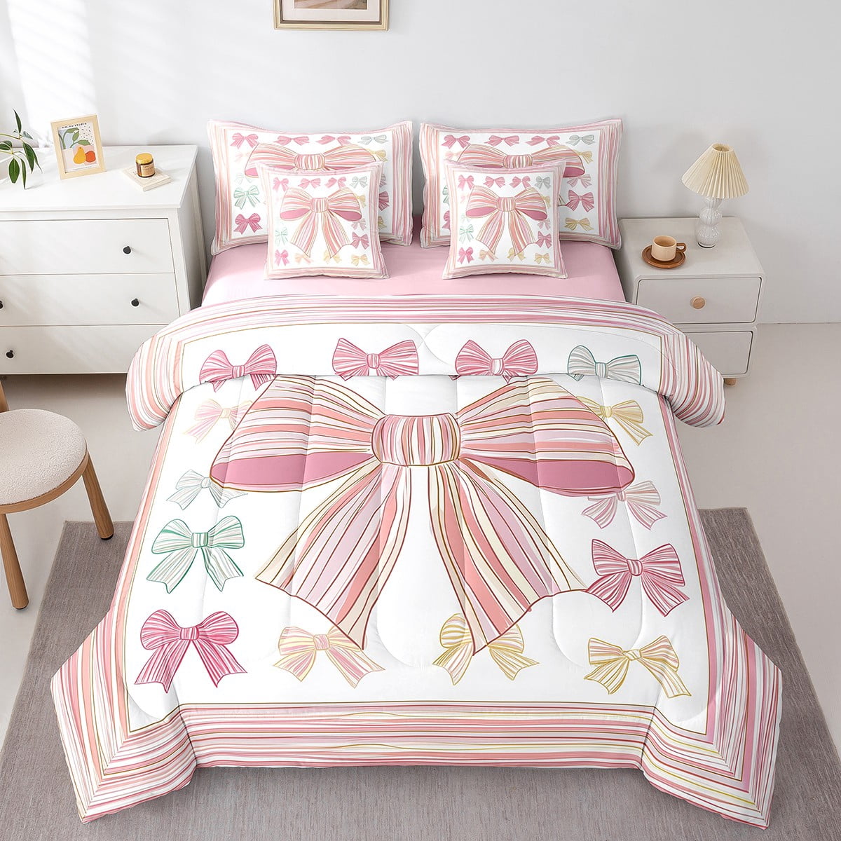 Simple Bow Knot Bedding Set Twin Size 7 Piece Bed in a Bag,Cartoon ...