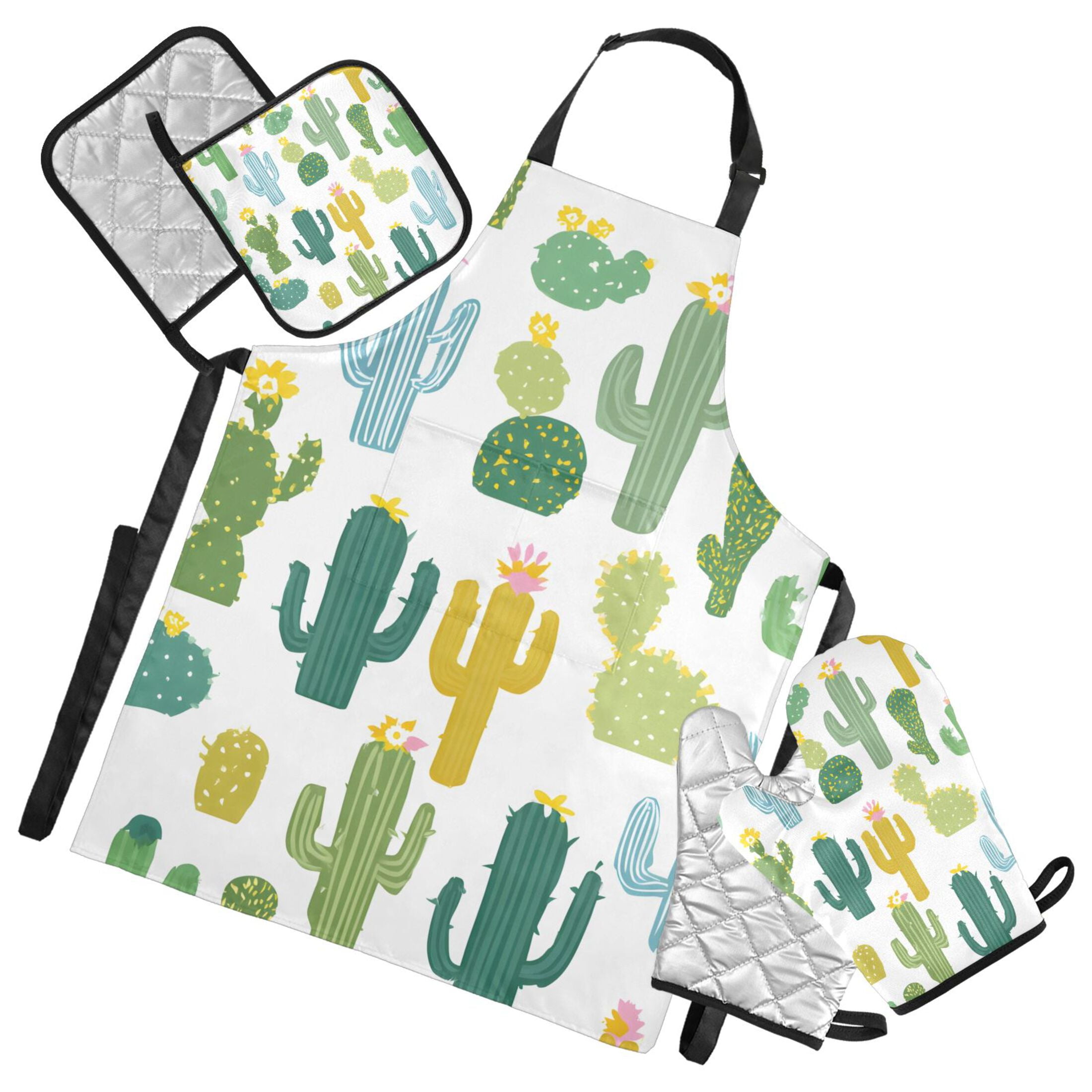 Simple Cactus Cute Apron Set with Oven Mitts Pot Holders Set of 5 ...