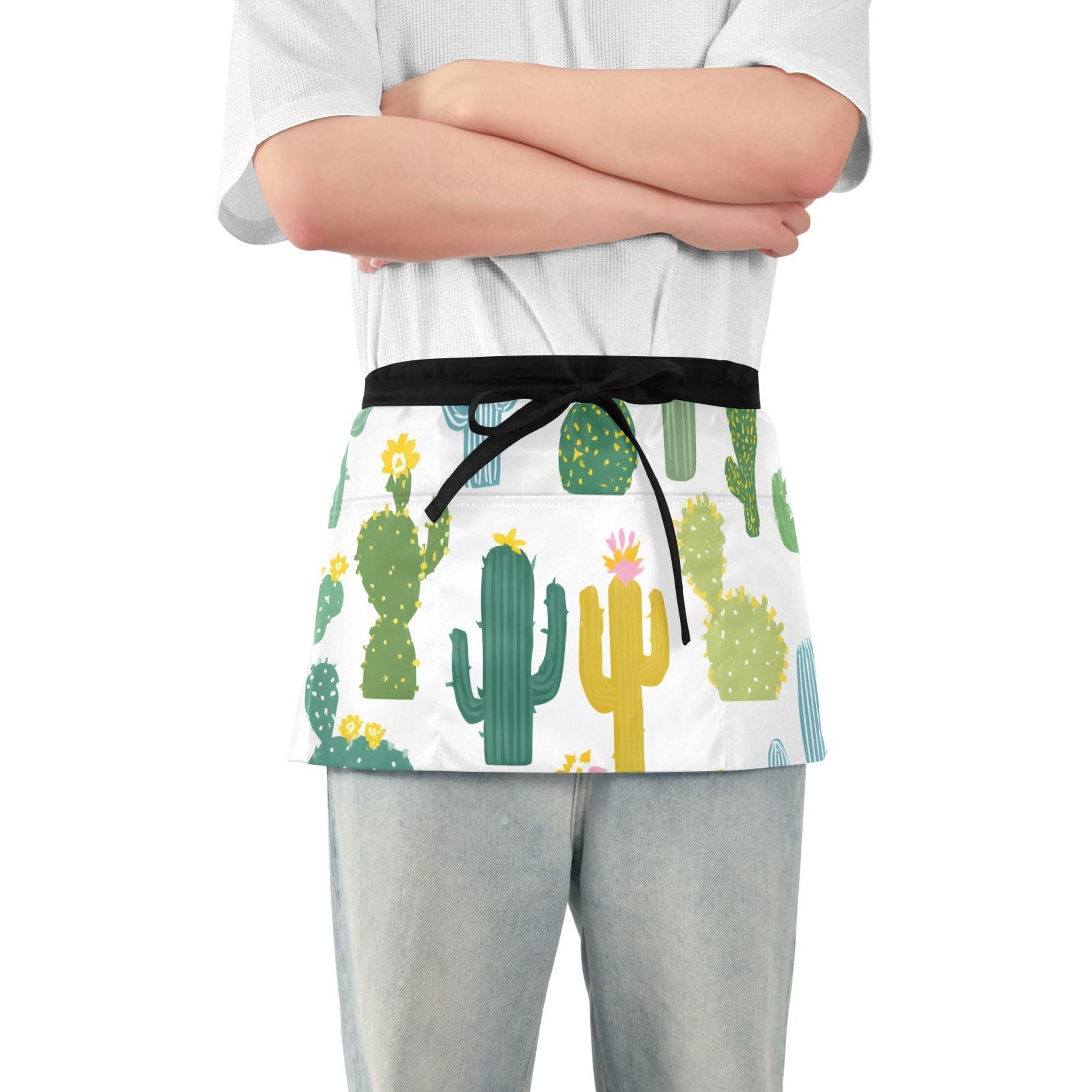 Simple Cactus Cute Short Server Apron with 3 Pockets for Unisex Chef ...